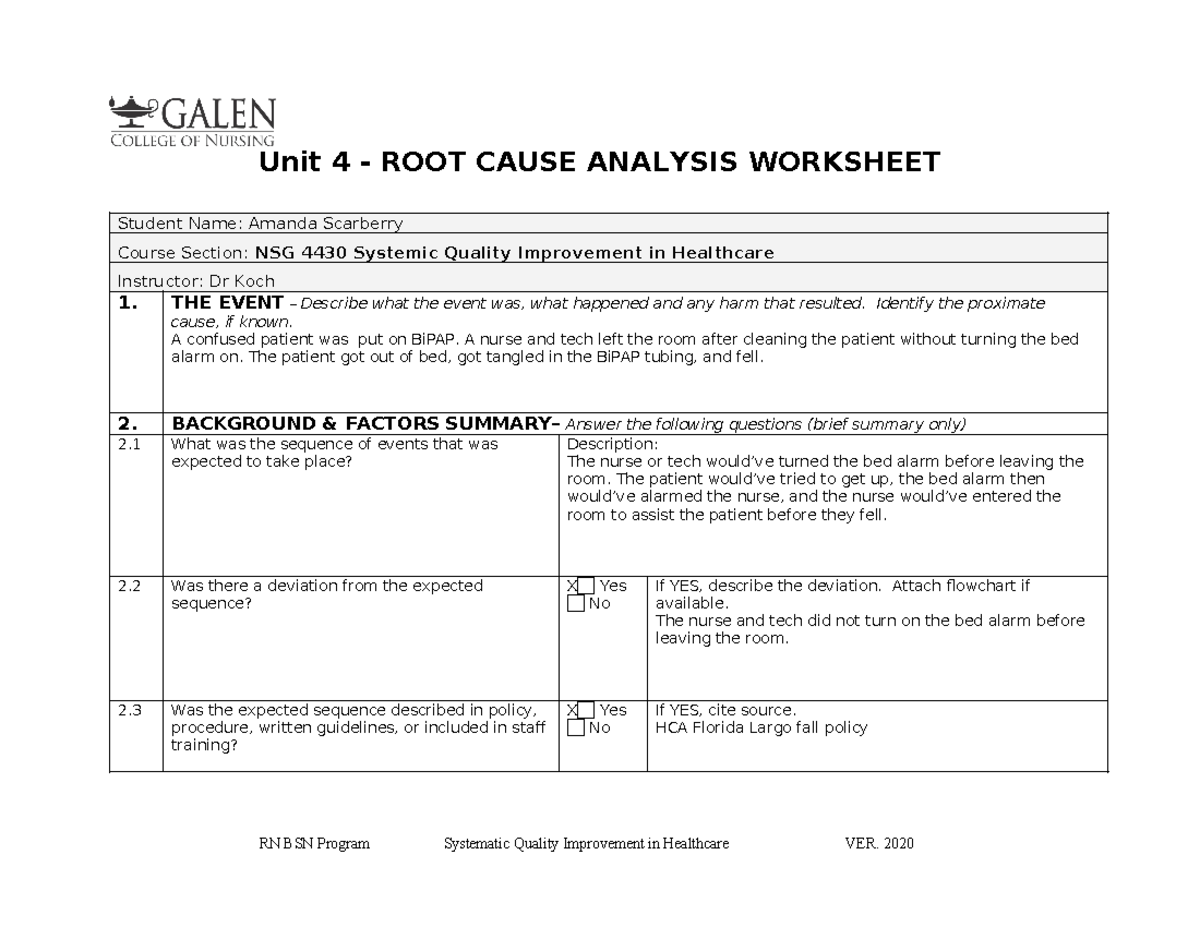 Root Cause Analysis Worksheet - Unit 4 - ROOT CAUSE ANALYSIS WORKSHEET ...