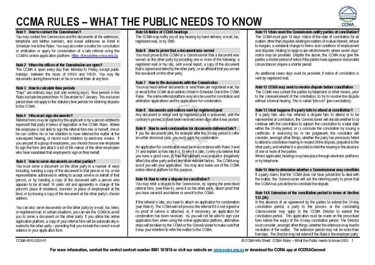CCMA Rules Info Sheet - CCMA-I808-2020-01 © CCMA Info Sheet: CCMA Rules ...
