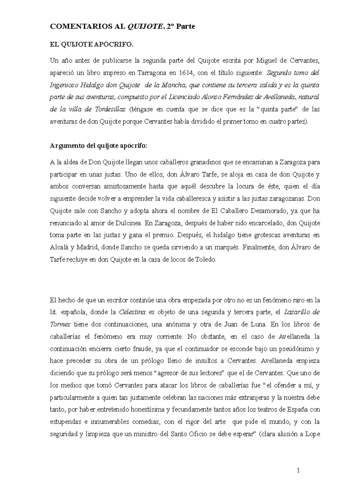Don Quijote de la Mancha - COMENTARIOS AL QUIJOTE. 2º Parte EL QUIJOTE ...
