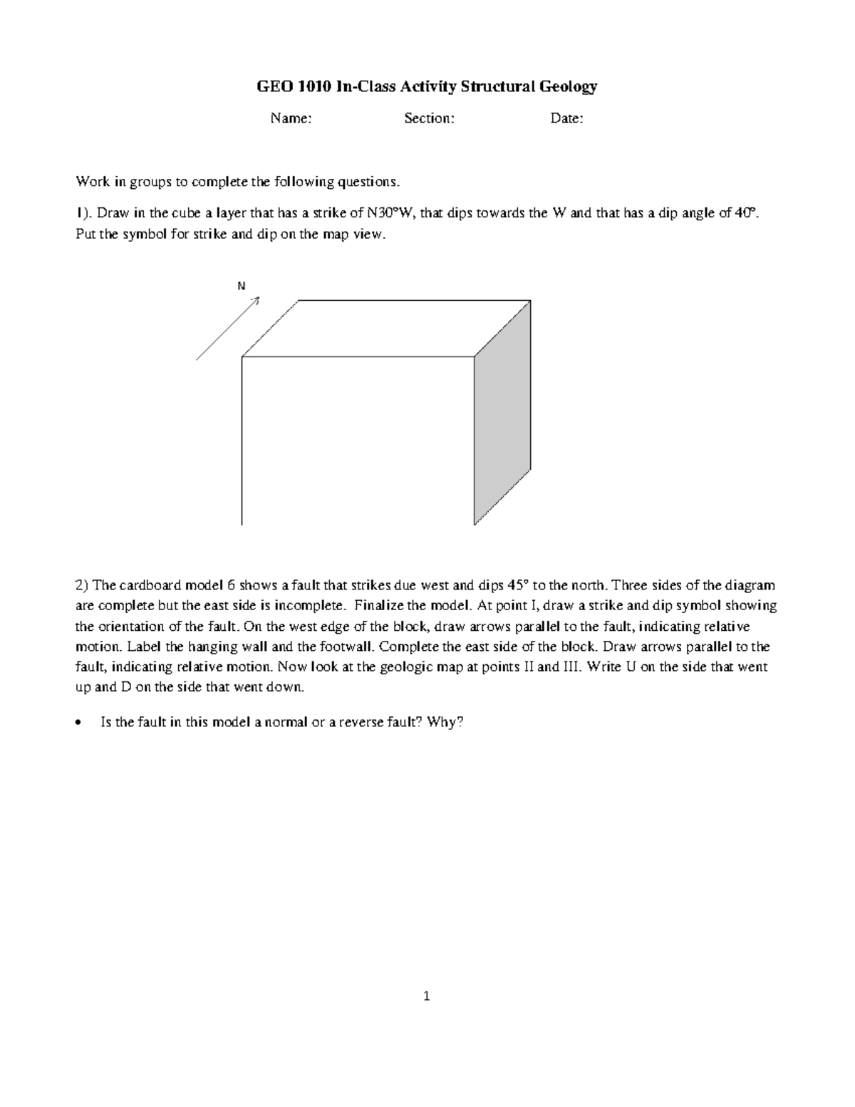 GEO 1010 In-class activity on Structure Geology 1 Short - 1 GEO 1010 In ...