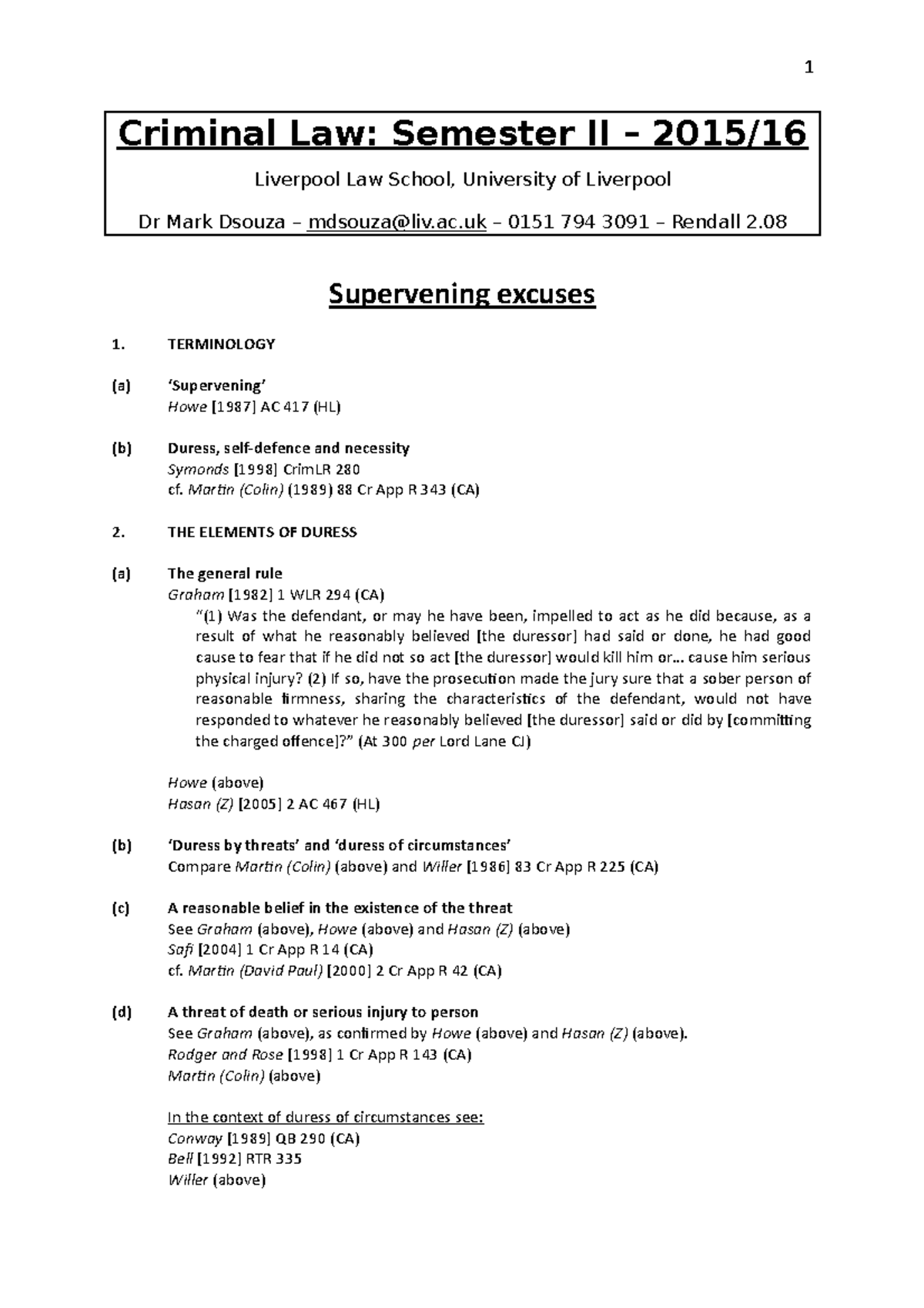 Supervening Excuses Handout - 1 Criminal Law: Semester II – 2015/16 ...