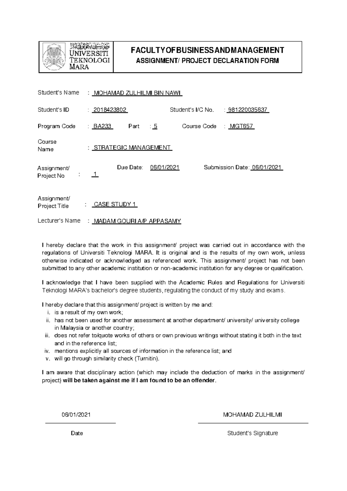 Assignment Project Declaration Form-converted (2)-converted - FACULTY OF BUSINESS AND MANAGEMENT ...