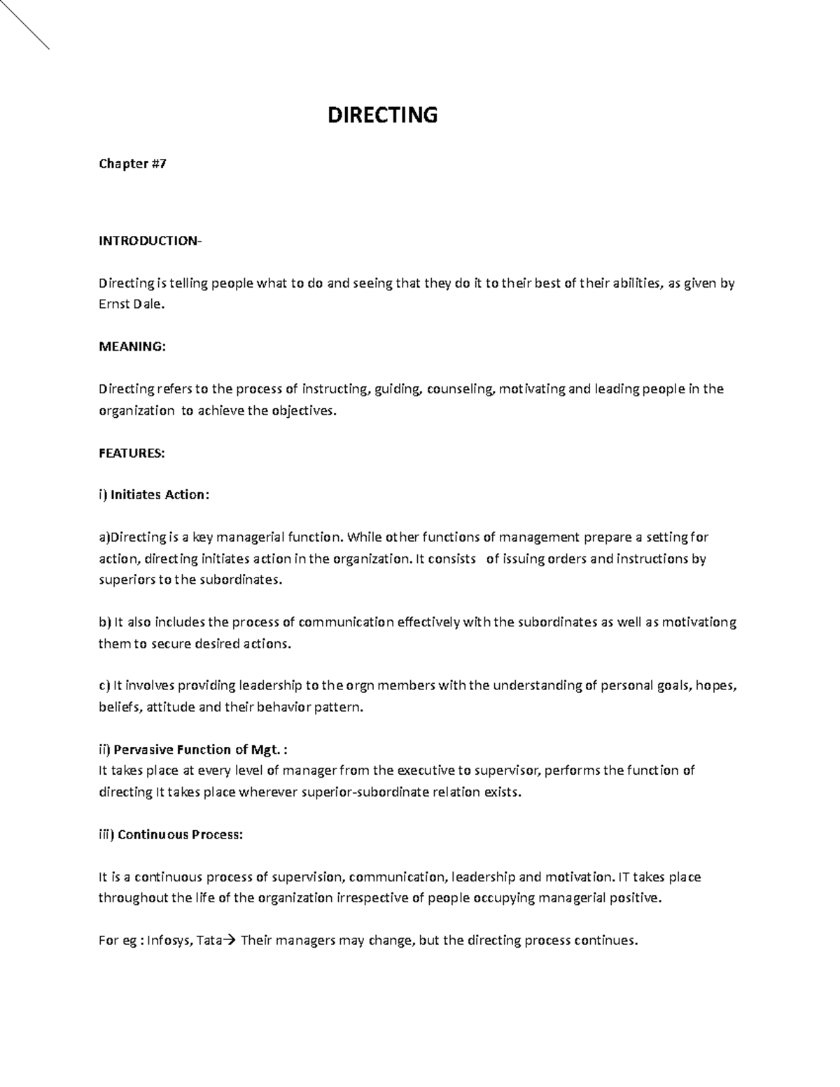 Notes ON Directing - DIRECTING Chapter # INTRODUCTION- Directing is ...