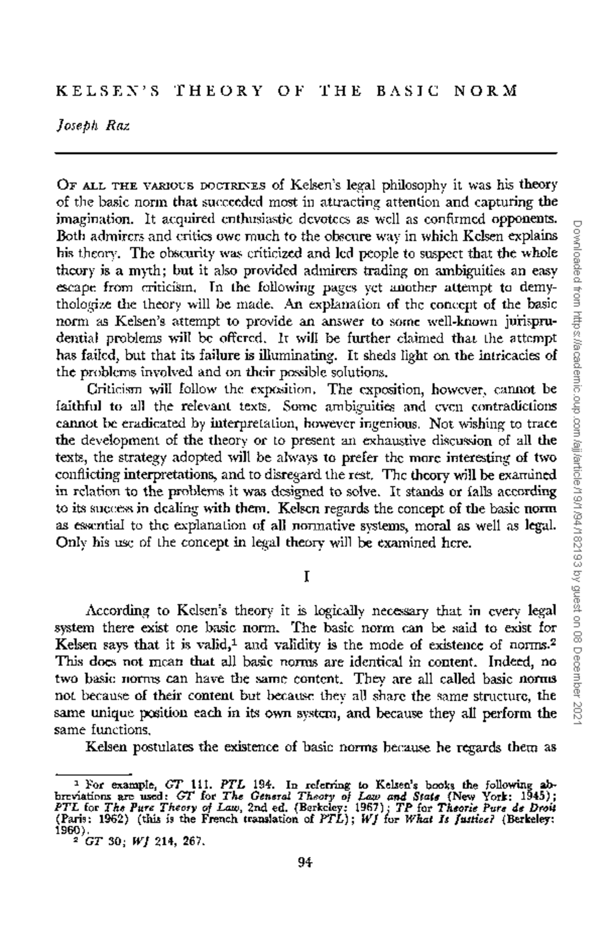 Ajj-19-94 - Lecture notes 1 - KELSEN'S THEORY OF THE BASIC NORM Joseph ...