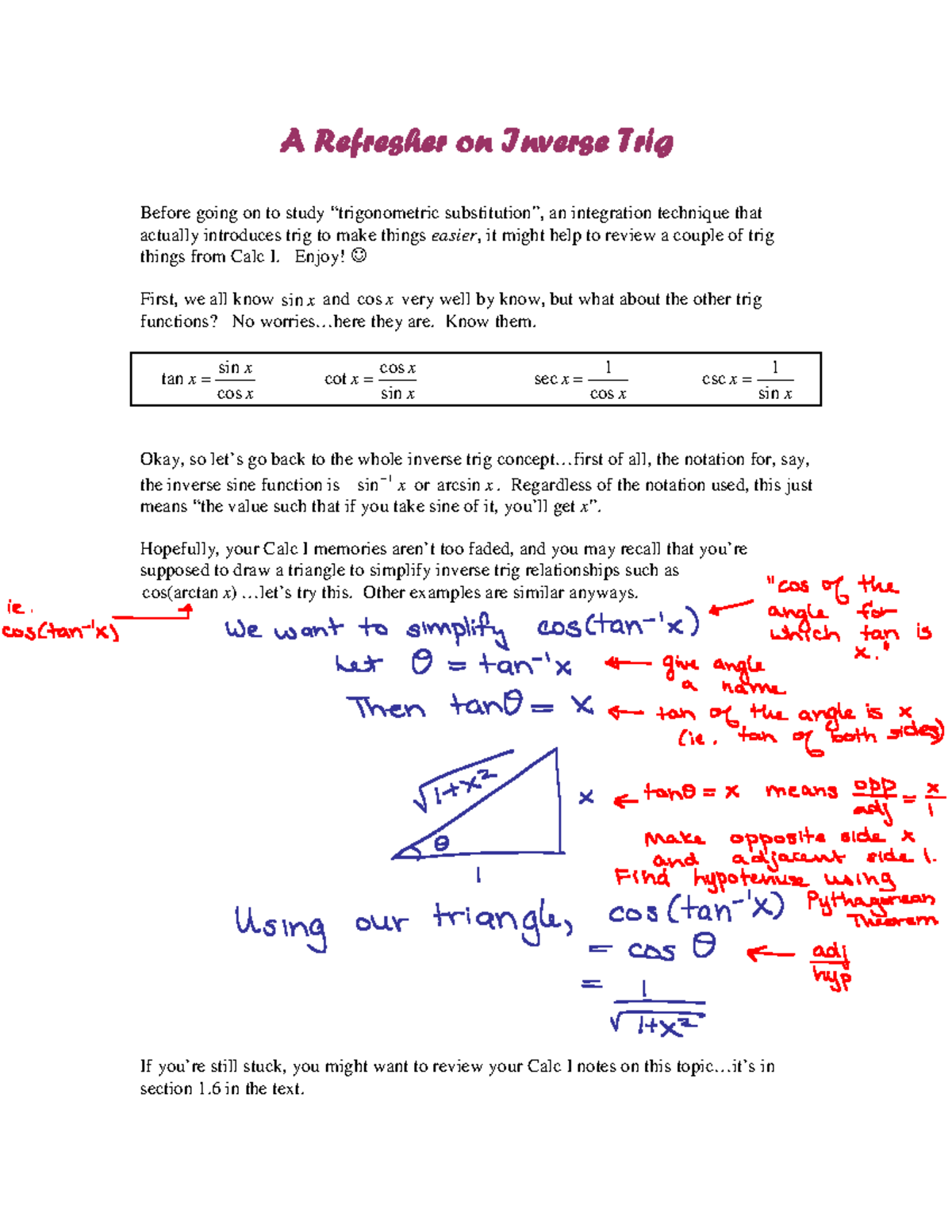 Invtrig review - Lecture notes 3 - A Refresher on Inverse Trig Before ...