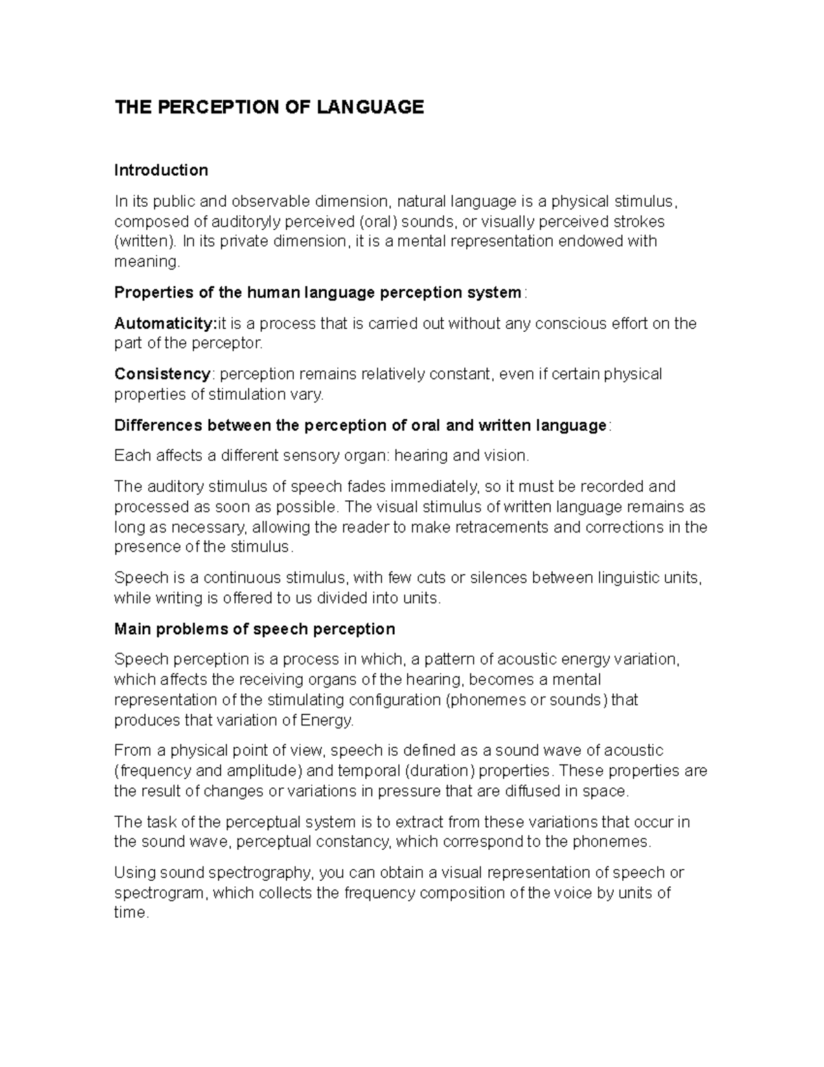 THE Perception OF Language - THE PERCEPTION OF LANGUAGE Introduction In ...