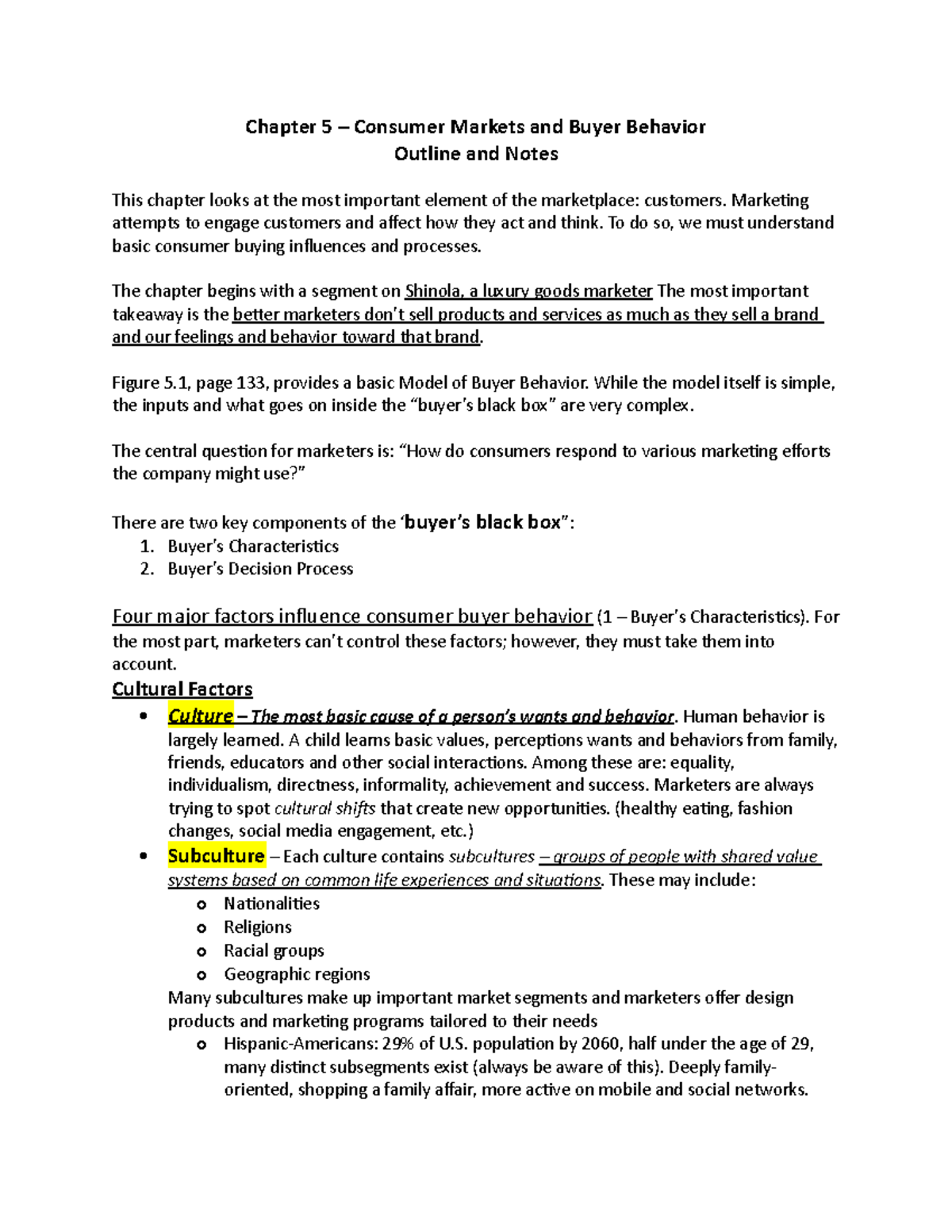 MKT340 - Chapter 5 Outline - Chapter 5 – Consumer Markets and Buyer ...