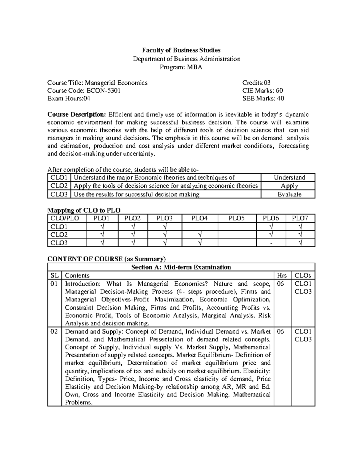 .Managerial Economics mark distribution - Faculty of Business Studies Department of Business ...
