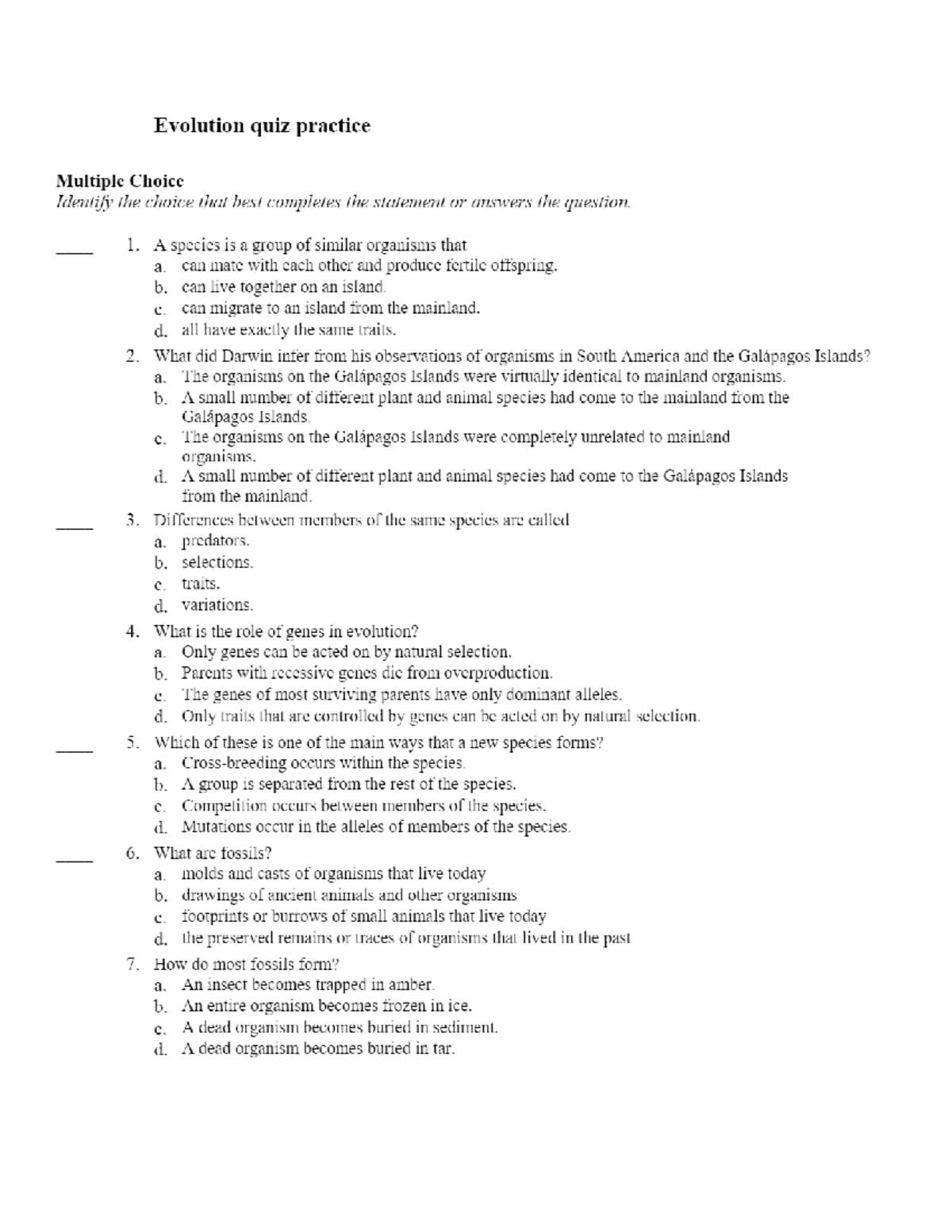 Evolution quiz practice Microsoft Word document - Ecology and General ...