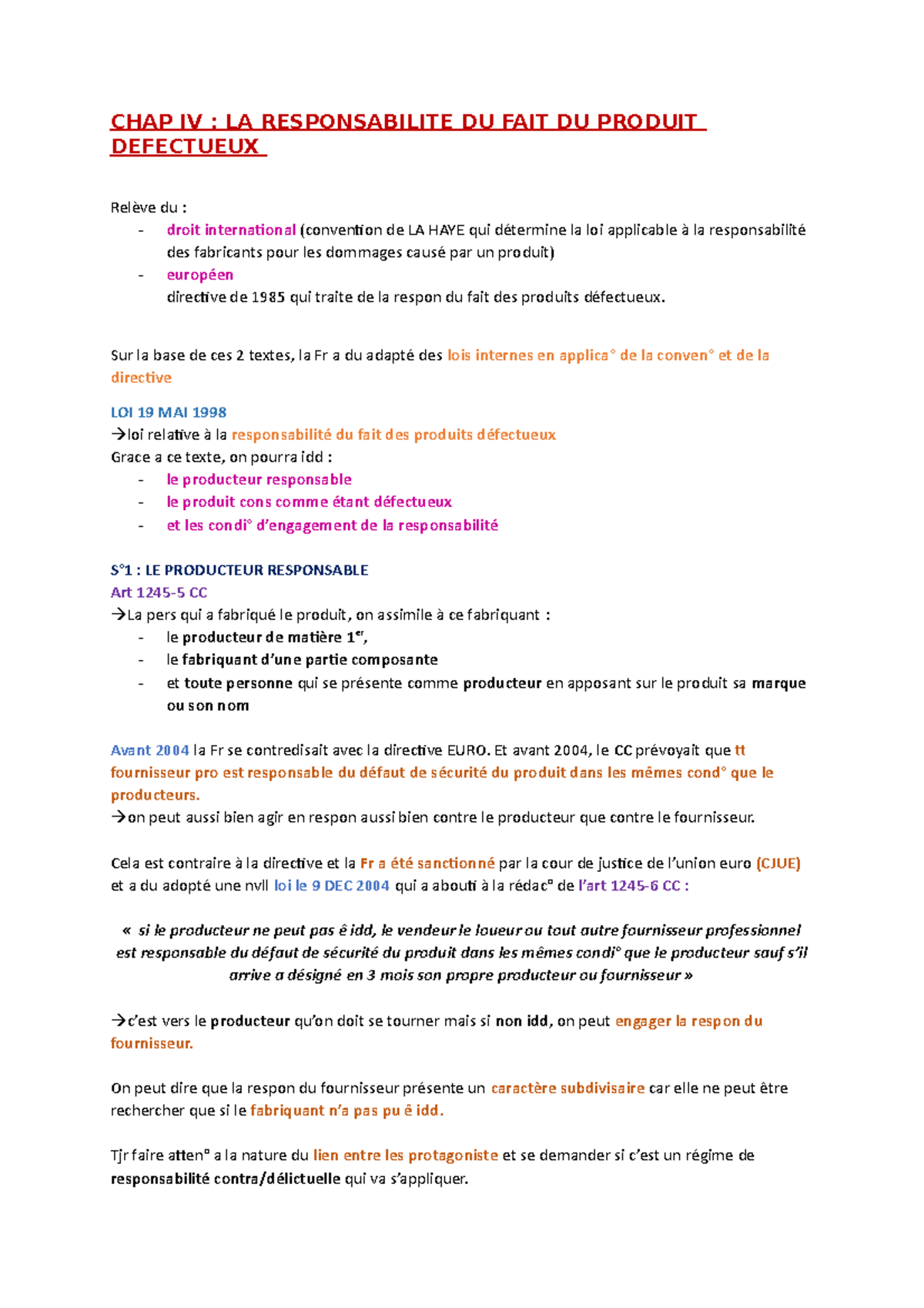 CHAP IV Produit Defectueux - CHAP IV : LA RESPONSABILITE DU FAIT DU ...