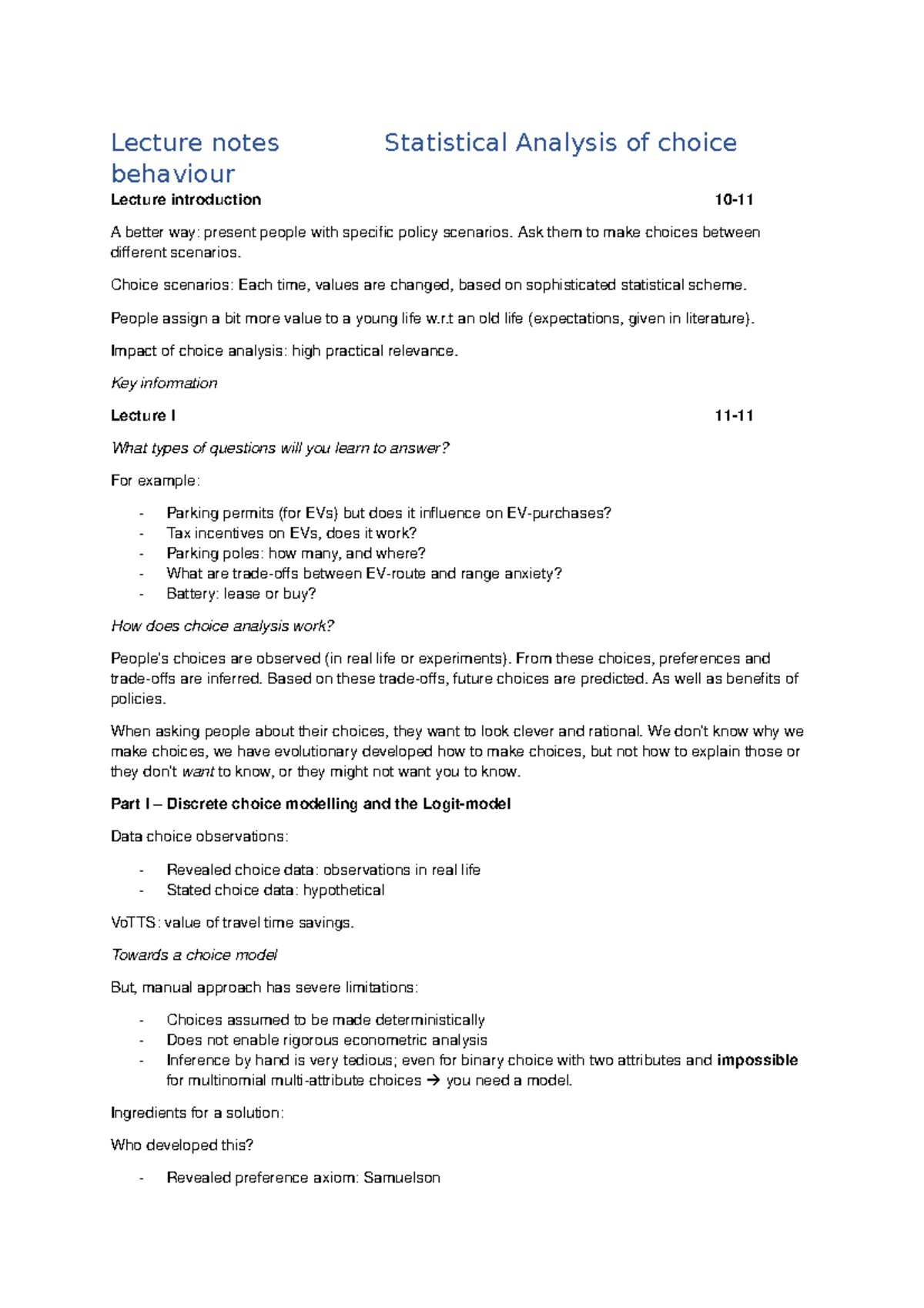 Lecture notes Statistical Analysis of choice behaviour - Lecture notes ...