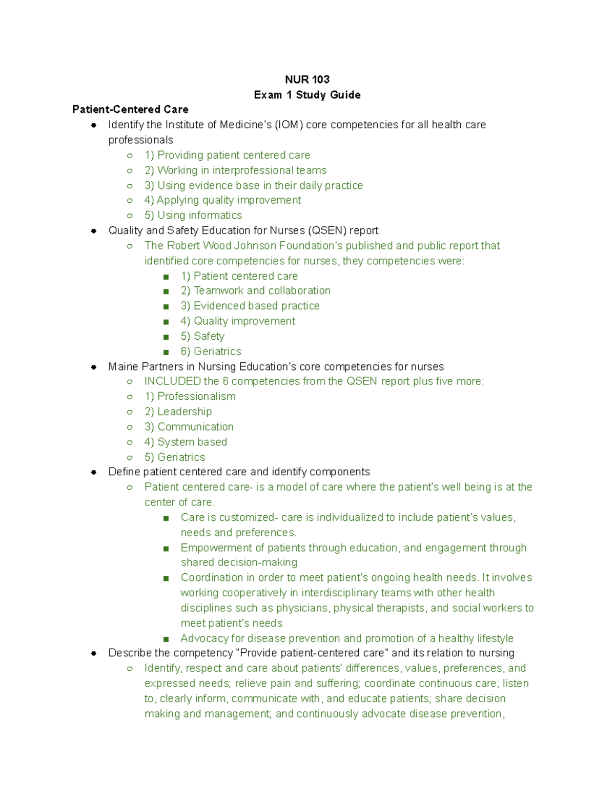NUR 103 Exam 1 Study Guide - NUR 103 Exam 1 Study Guide Patient ...