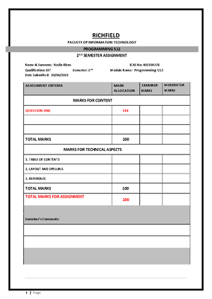 4019******* Programming 621 2020/2021 Assignment - RICHFIELD FACULTY OF INFORMATION TECHNOLOGY ...