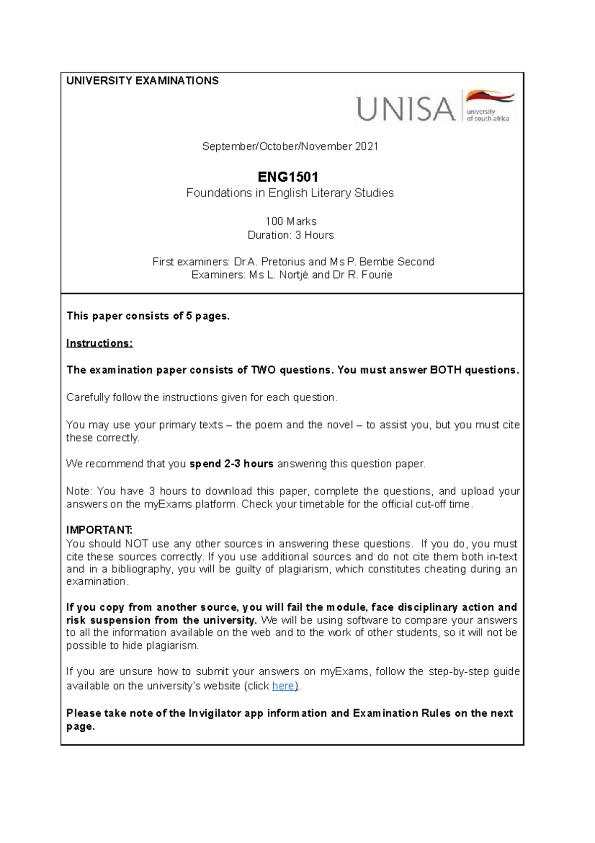 ENG1501 EXAM 2021[18709 ] - UNIVERSITY EXAMINATIONS September/October ...