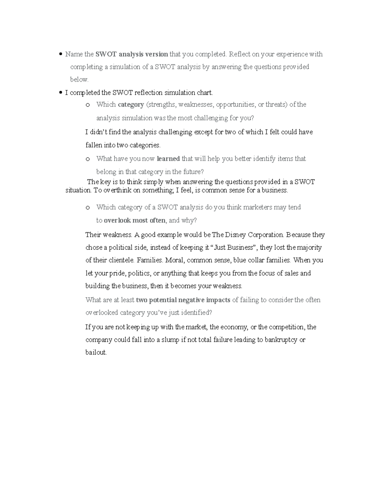 Week 6 SWOT Reflections - Name the SWOT analysis version that you ...