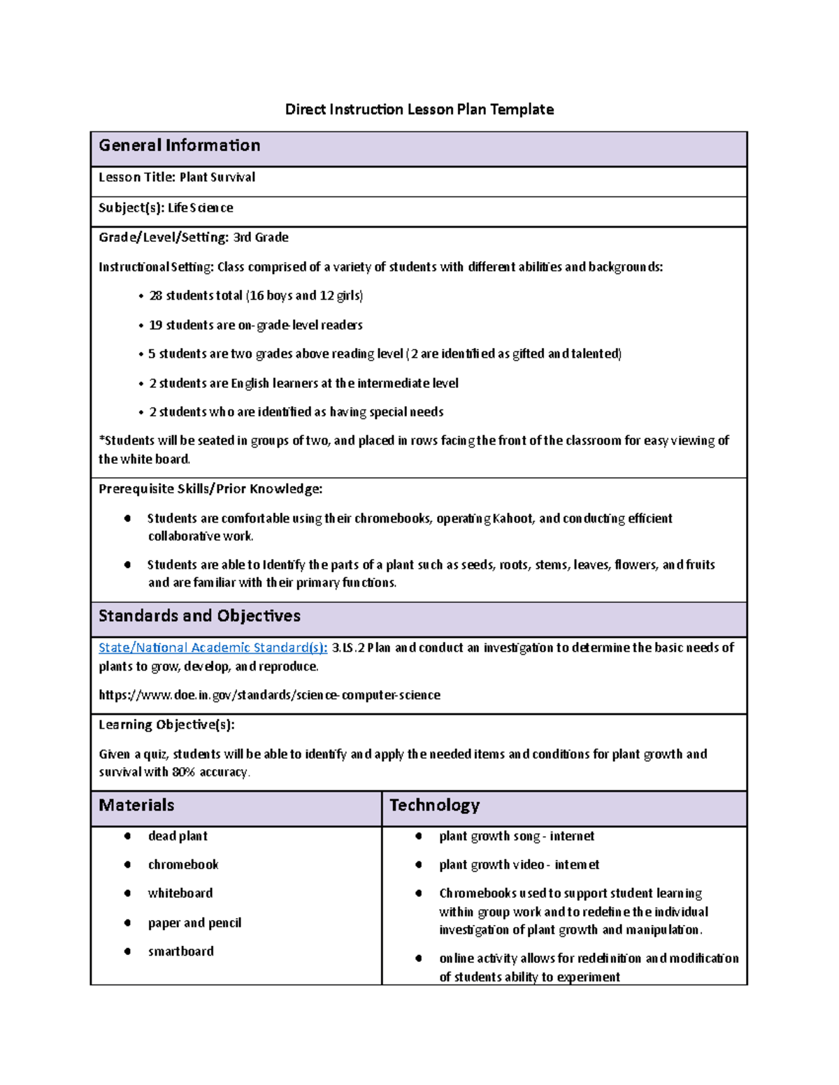 Lesson Plan / task - Direct Instruction Lesson Plan Template General ...