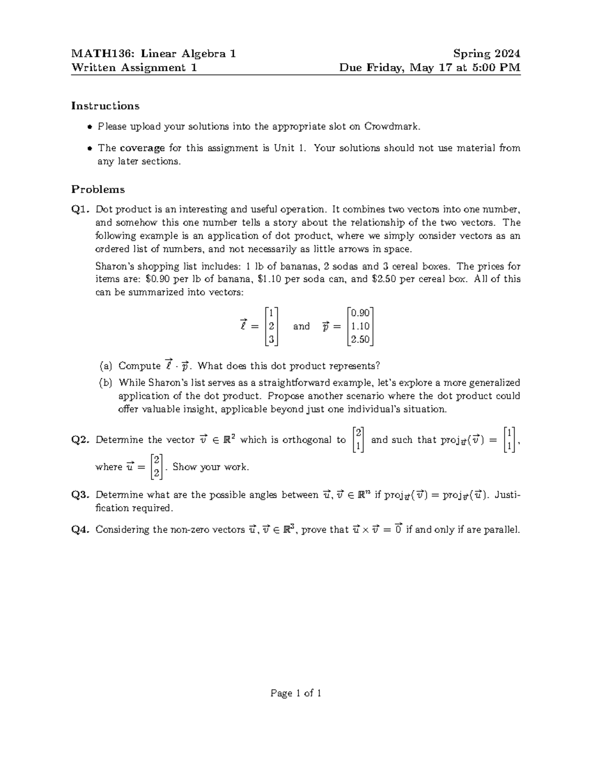 Written Assignment 1 - MATH136: Linear Algebra 1 Written Assignment 1 ...