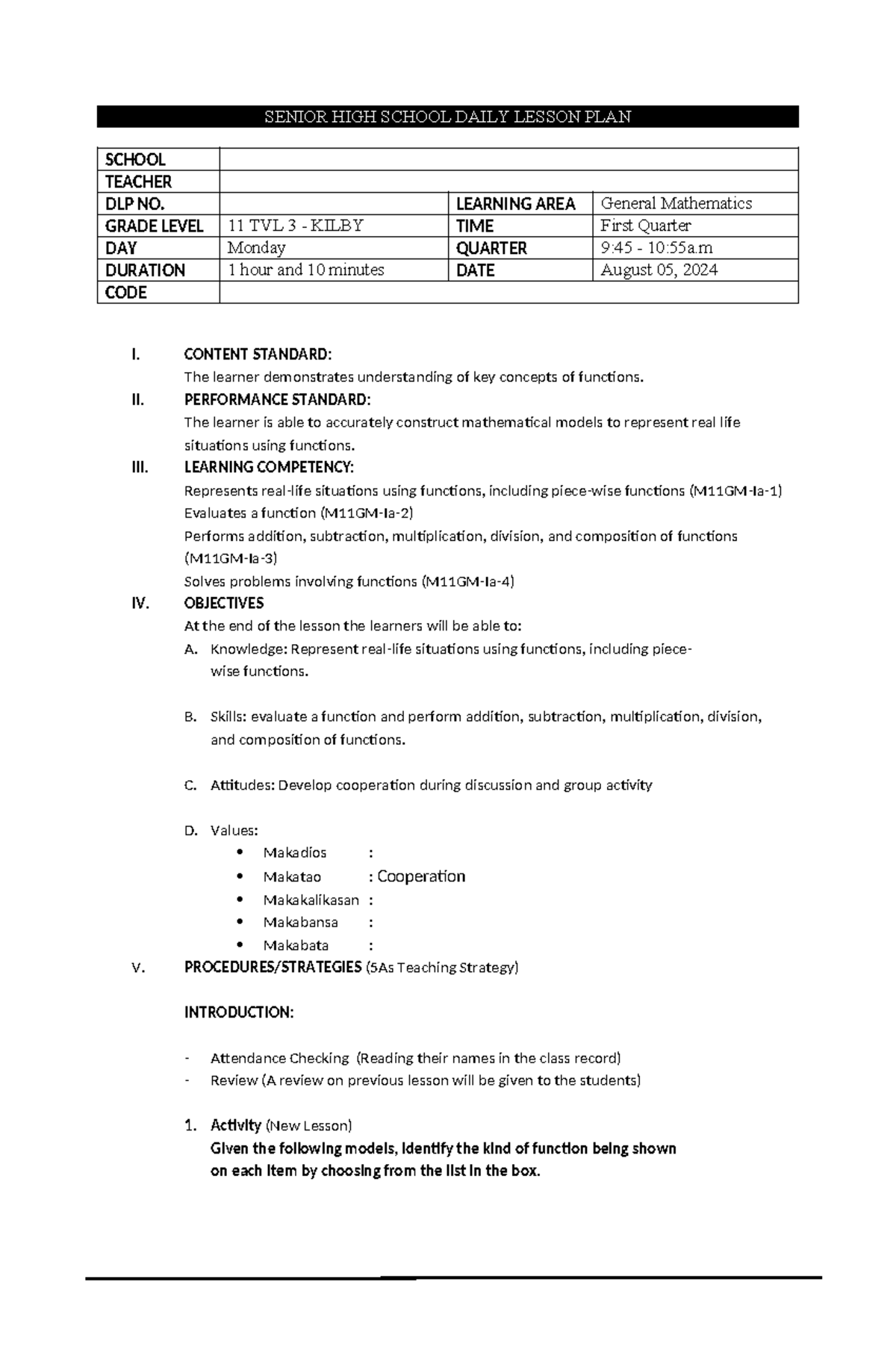 Represents Real Life Situations Including Piecewise Functions - SENIOR ...