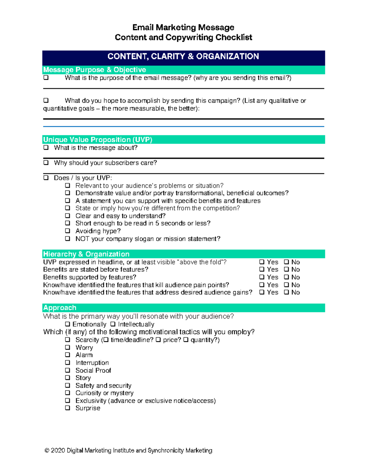 Email Content and Copywriting Checklist - Message Purpose & Objective ...