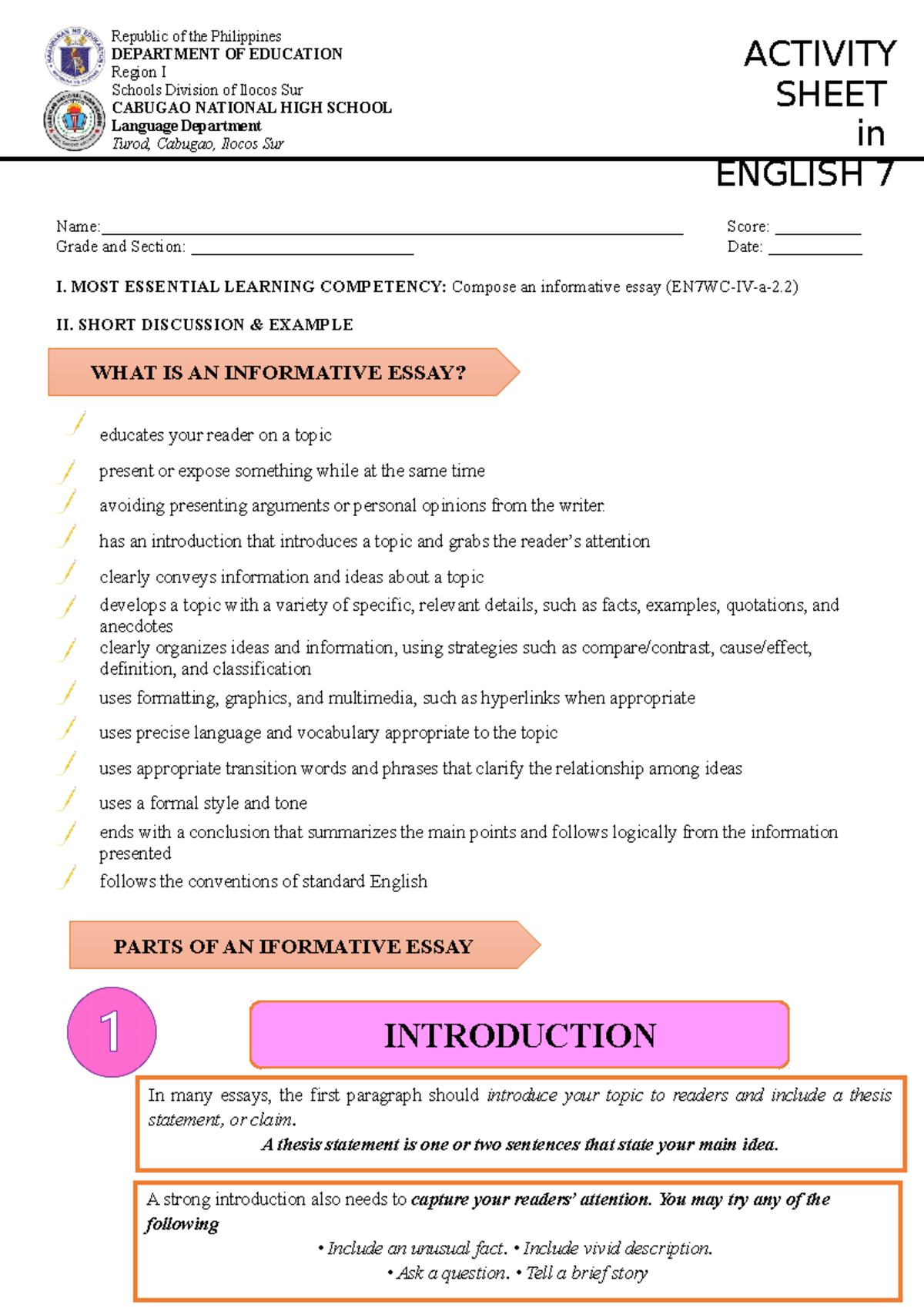 Activity Sheets Informative Essay - ####### Republic of the Philippines ...