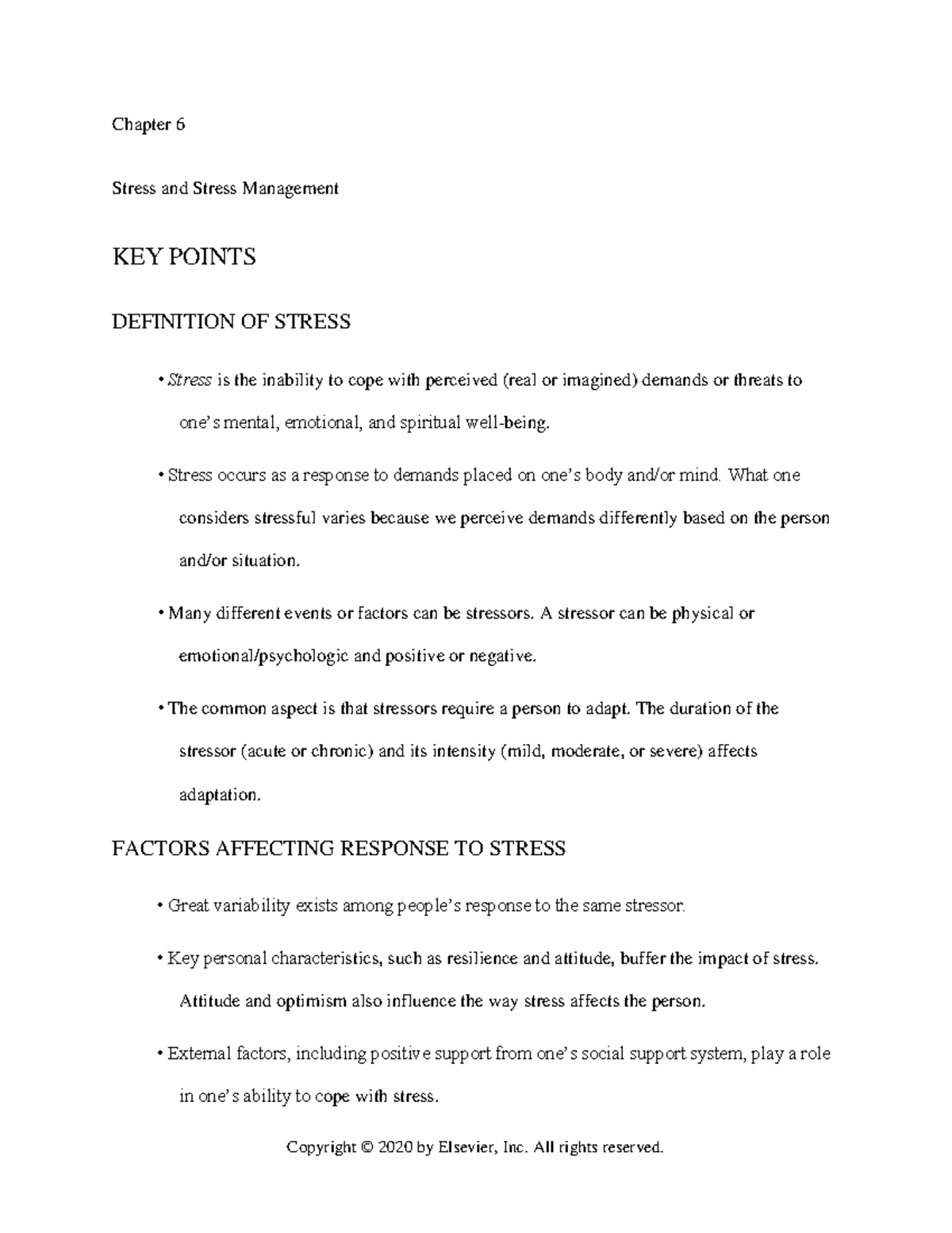 Week 1 Ch 6 Stress - Chapter 6 Stress and Stress Management KEY POINTS ...