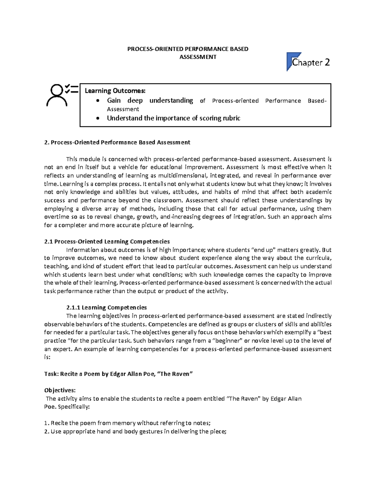 Prof Ed 311- Chapter 2 - Chapter 2 PROCESS-ORIENTED PERFORMANCE BASED ...