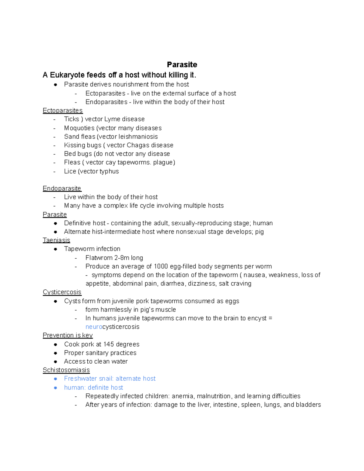 Bio (paracites) - Bio notes - Parasite A Eukaryote feeds off a host ...