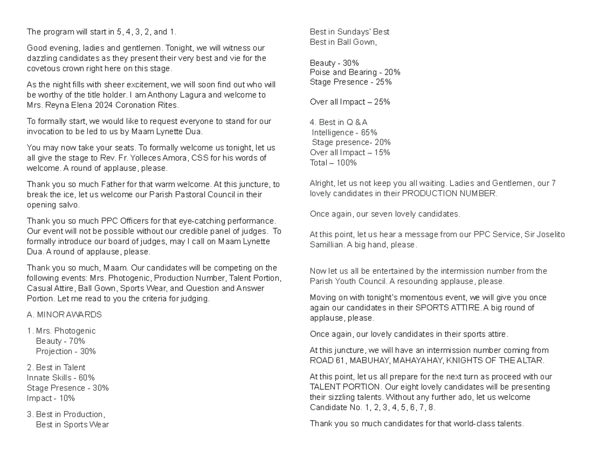 Script MC Reyna Elena - The program will start in 5, 4, 3, 2, and 1 ...