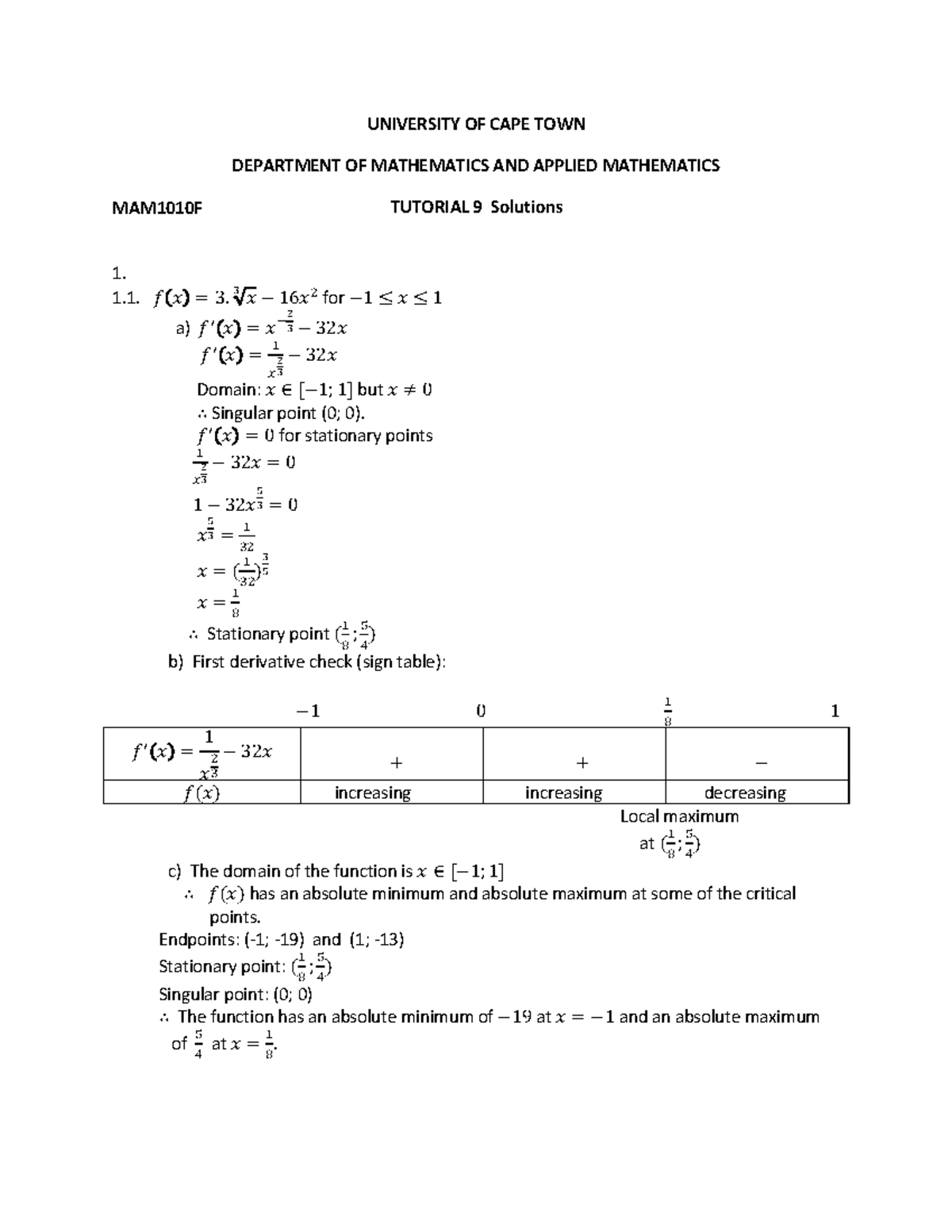 Tutorial 9 Solutions - UNIVERSITY OF CAPE TOWN DEPARTMENT OF ...