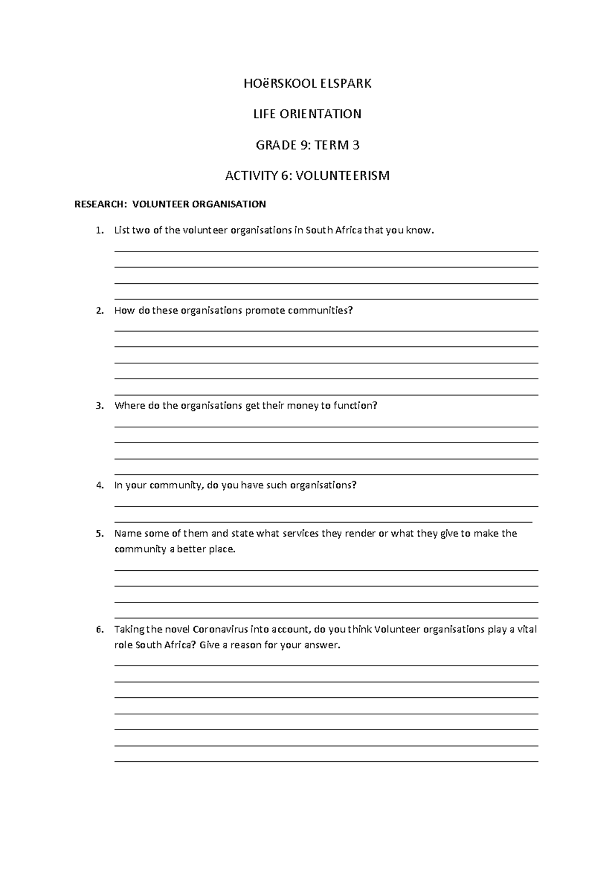 LO Volunteerism. Activity 1 - HOëRSKOOL ELSPARK LIFE ORIENTATION GRADE ...