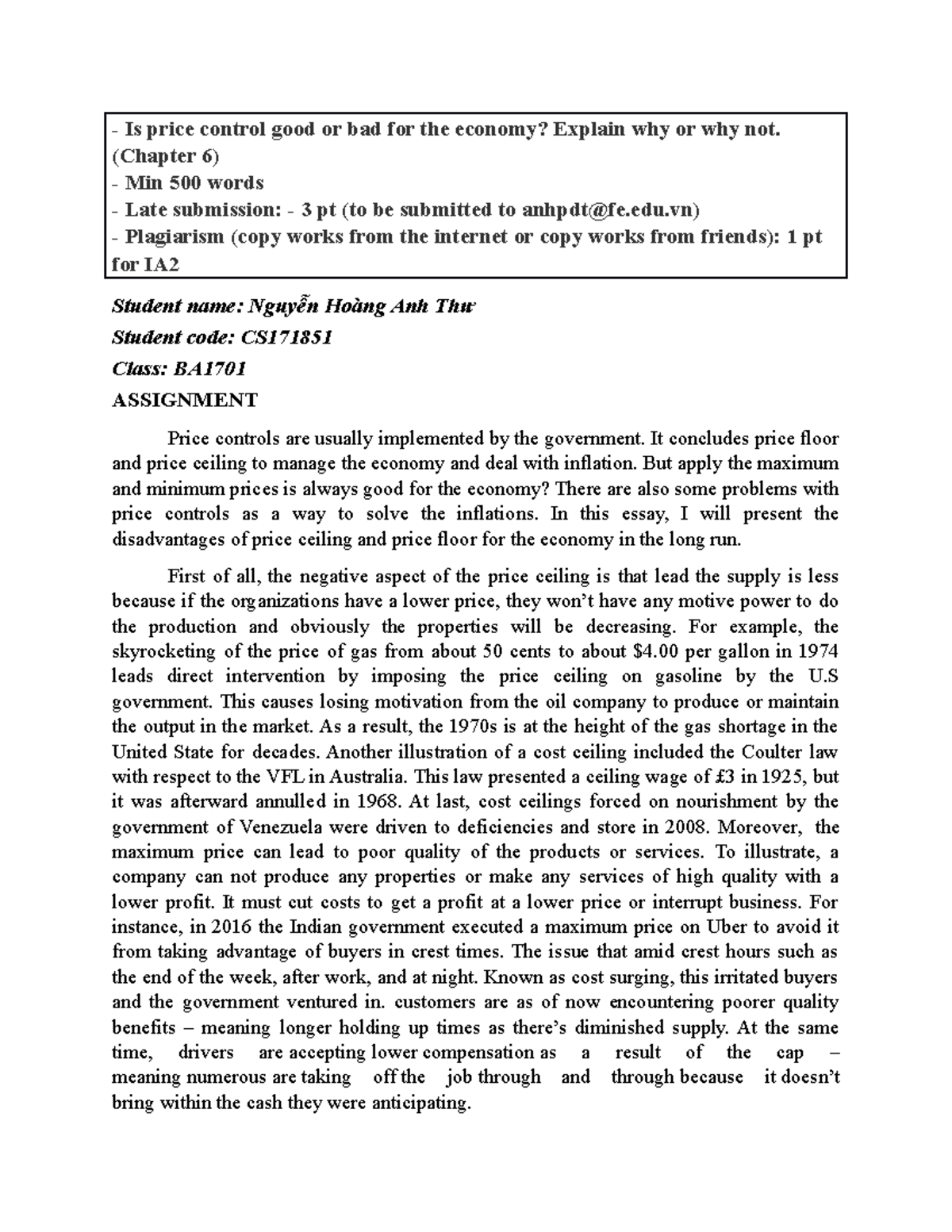 ECO111-IA2 - Individual assignment - Is price control good or bad for the economy? Explain why ...