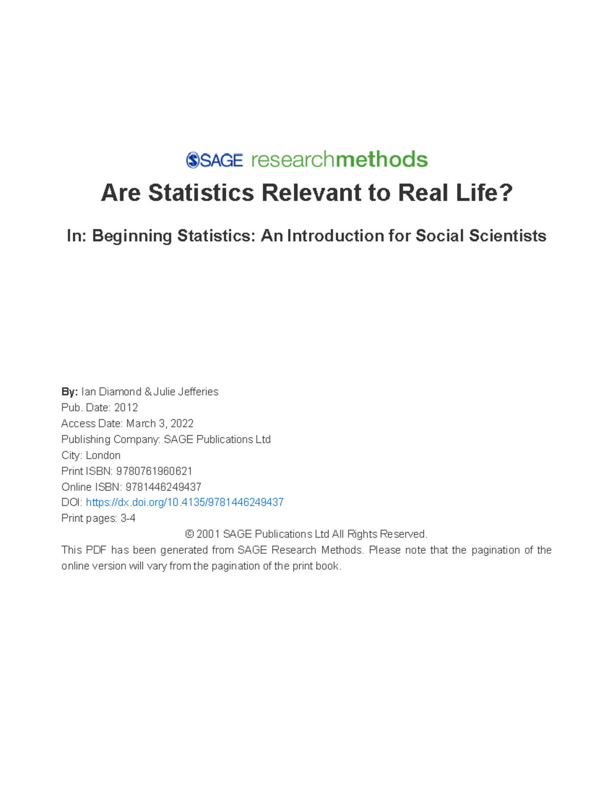 1 Statistics Relevant to Real Life In Beginning Statistics An ...