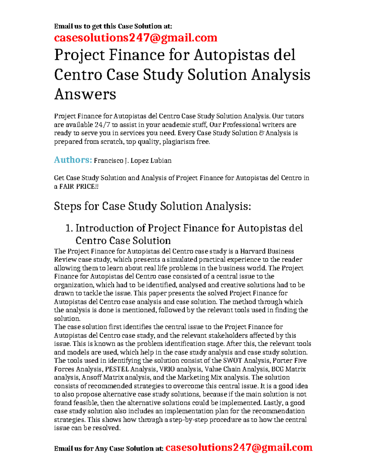SOLUTION Project Finance for Autopistas del Centro - casesolutions247@gmail Project Finance for ...