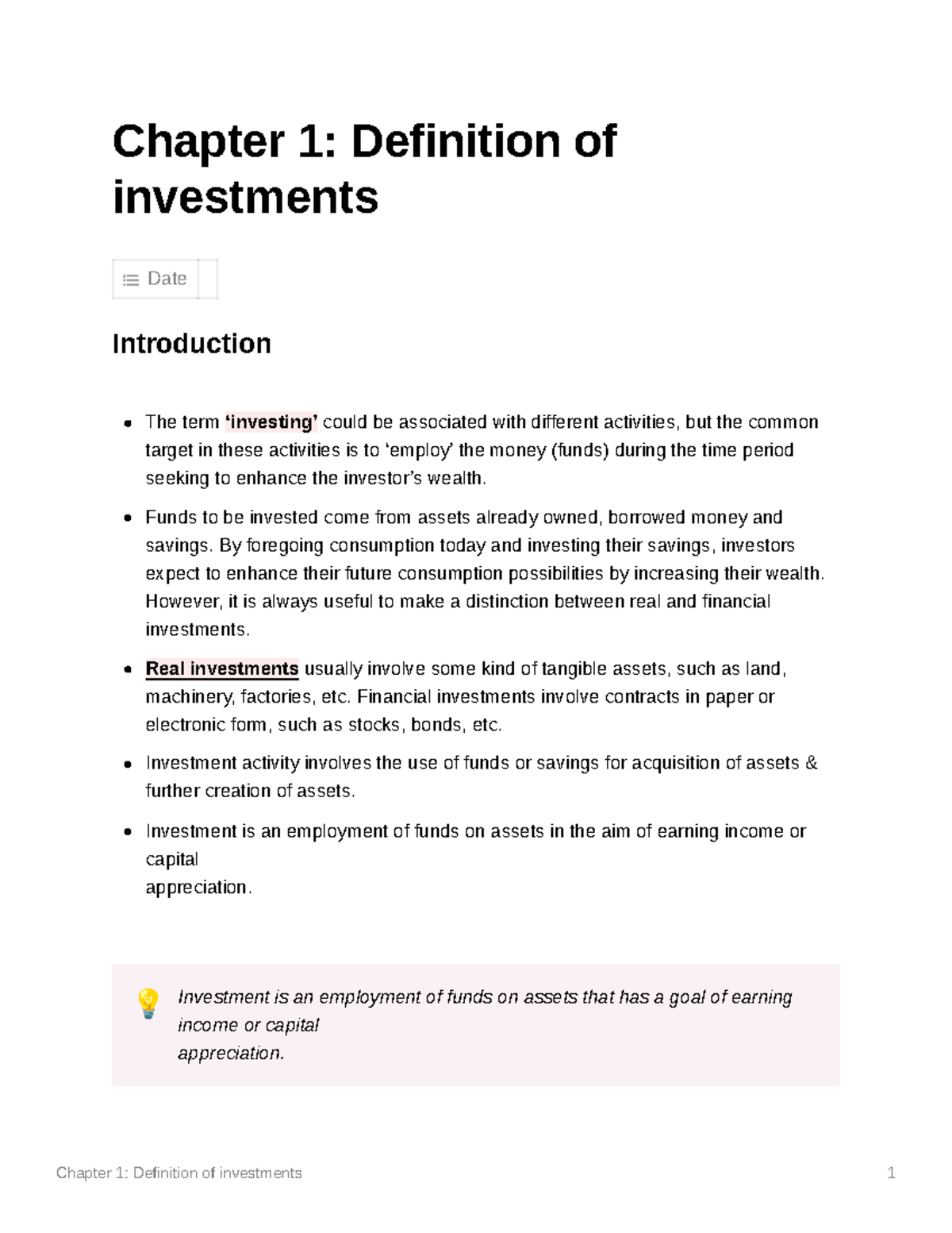Chapter 1 Definition of investments - Chapter 1: Definition of ...