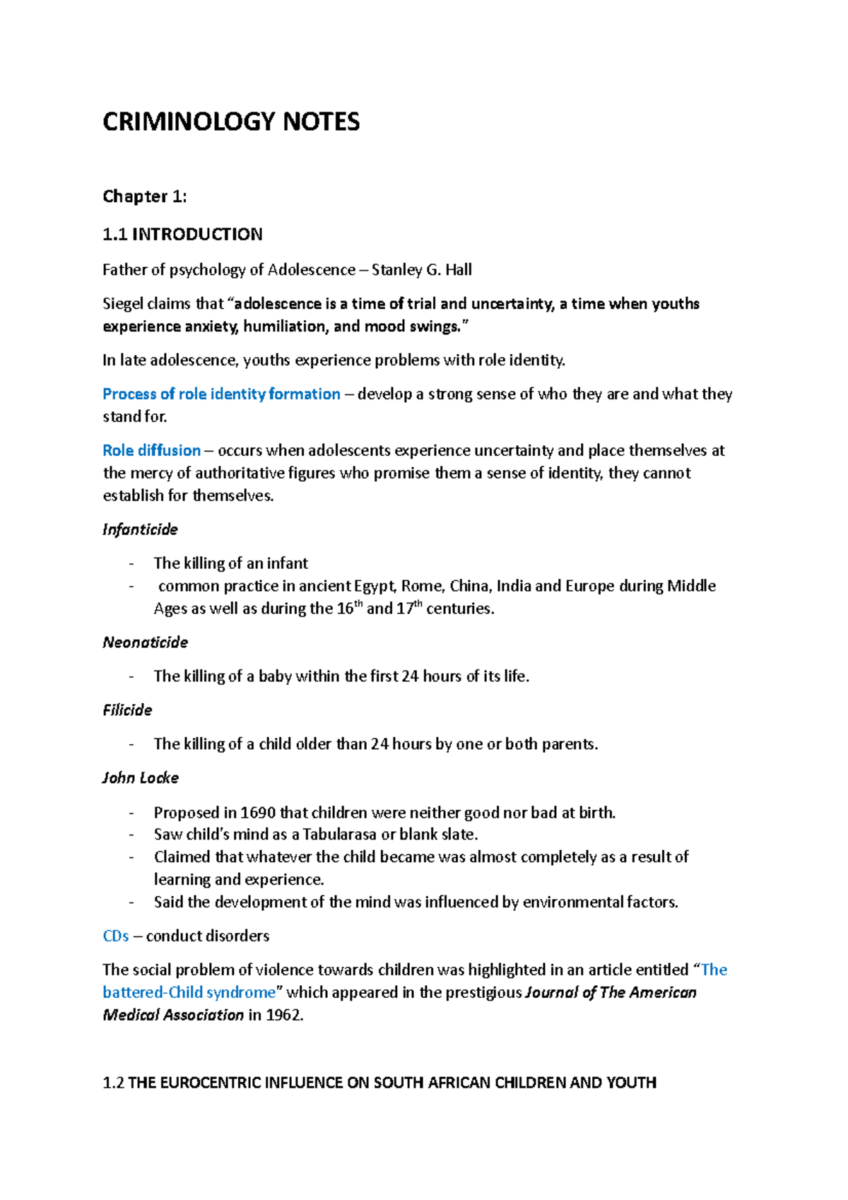 Criminology notes chapter 1 and 3 - CRIMINOLOGY NOTES Chapter 1: 1 ...