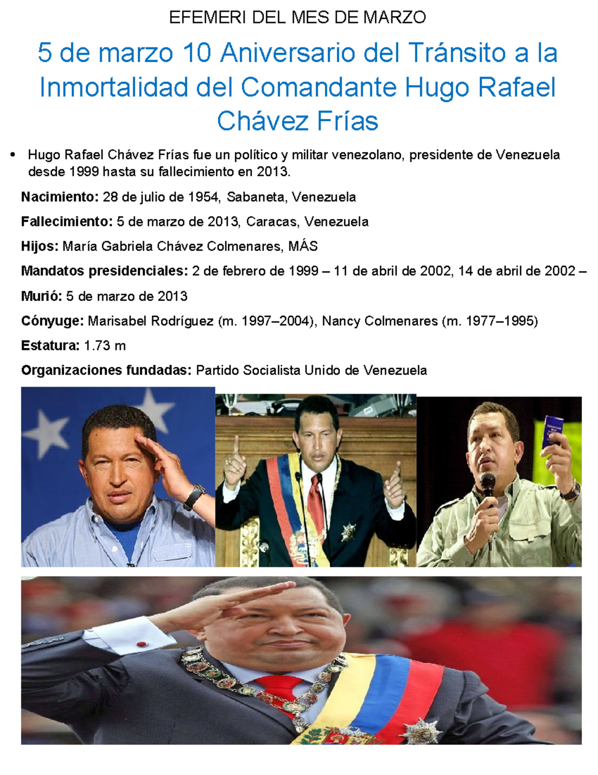 Efemeri de marzo - EFEMERI DEL MES DE MARZO 5 de marzo 10 Aniversario ...