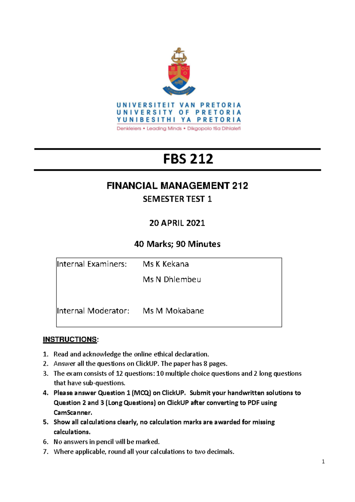 FBS 212 Semester TEST 1 Paper - 2021 - FBS 212 FINANCIAL MANAGEMENT 212 ...