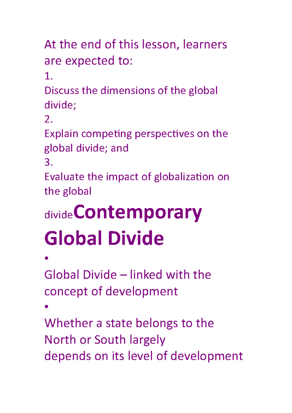 Contemporary Global Divide - At the end of this lesson, learners are ...