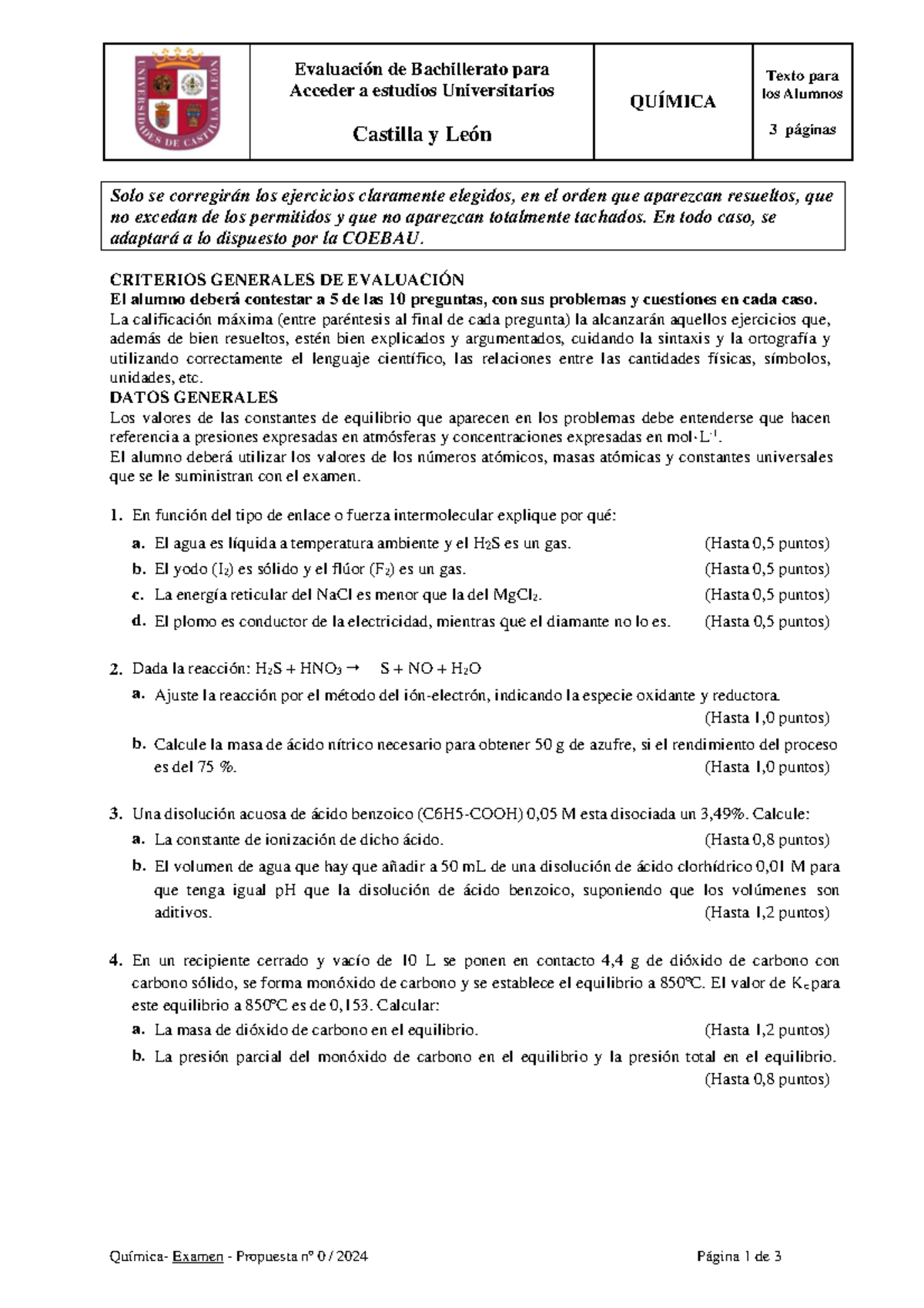 Modelo 0 Química - Química- Examen - Propuesta nº 0 / 2024 Página 1 de 3 Evaluación de ...
