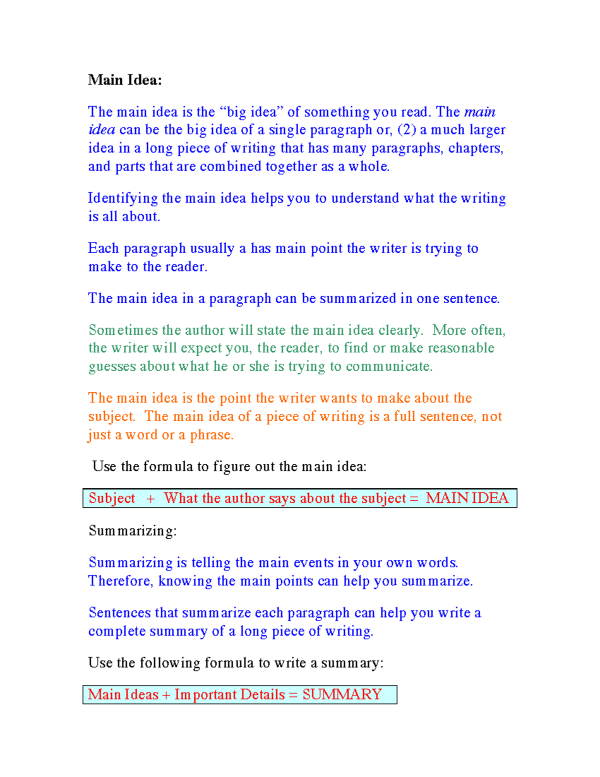 MAIN Ideas VS Summary - Lecture notes 2 - Main Idea: The main idea is ...