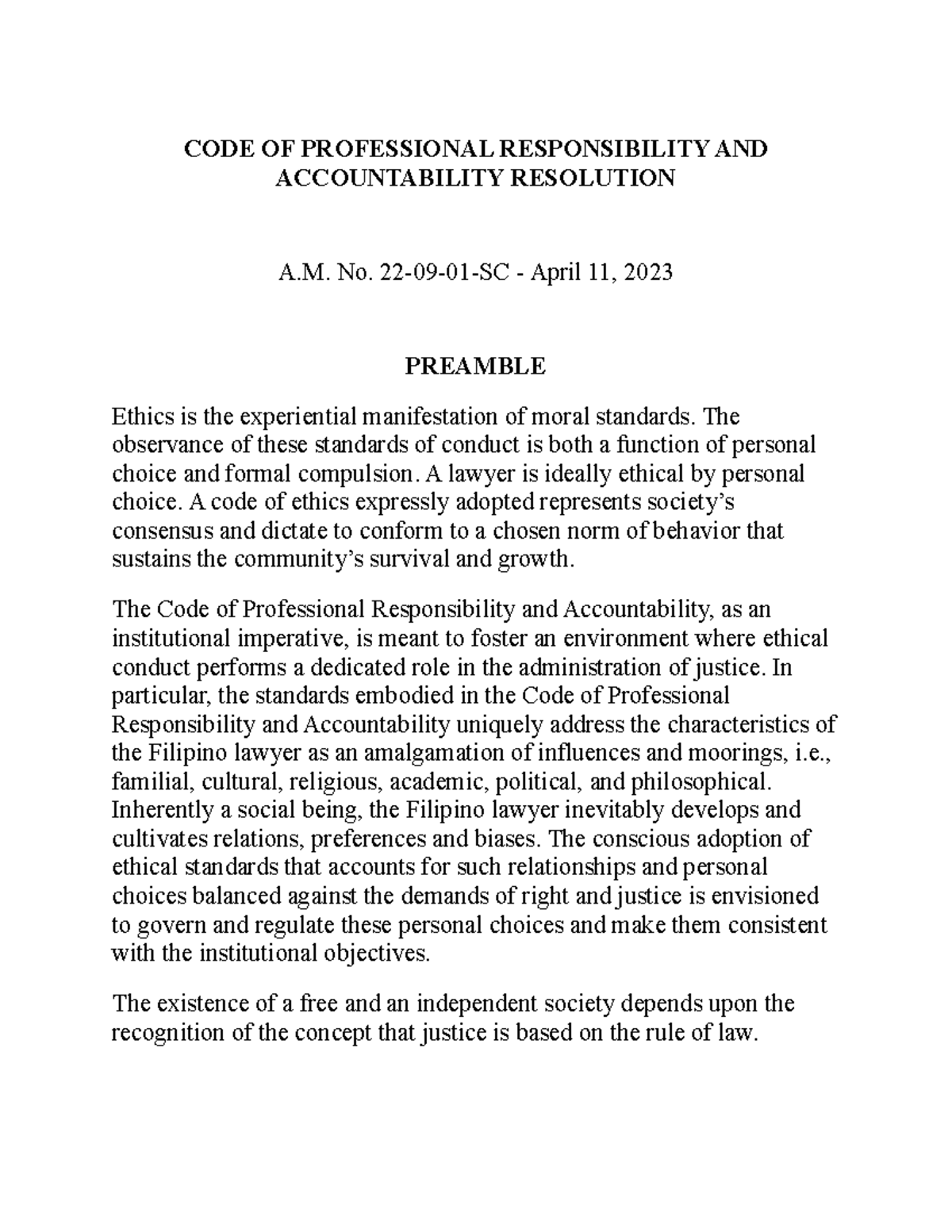 CODE OF Professional Responsibility AND Accountability Resolution ...