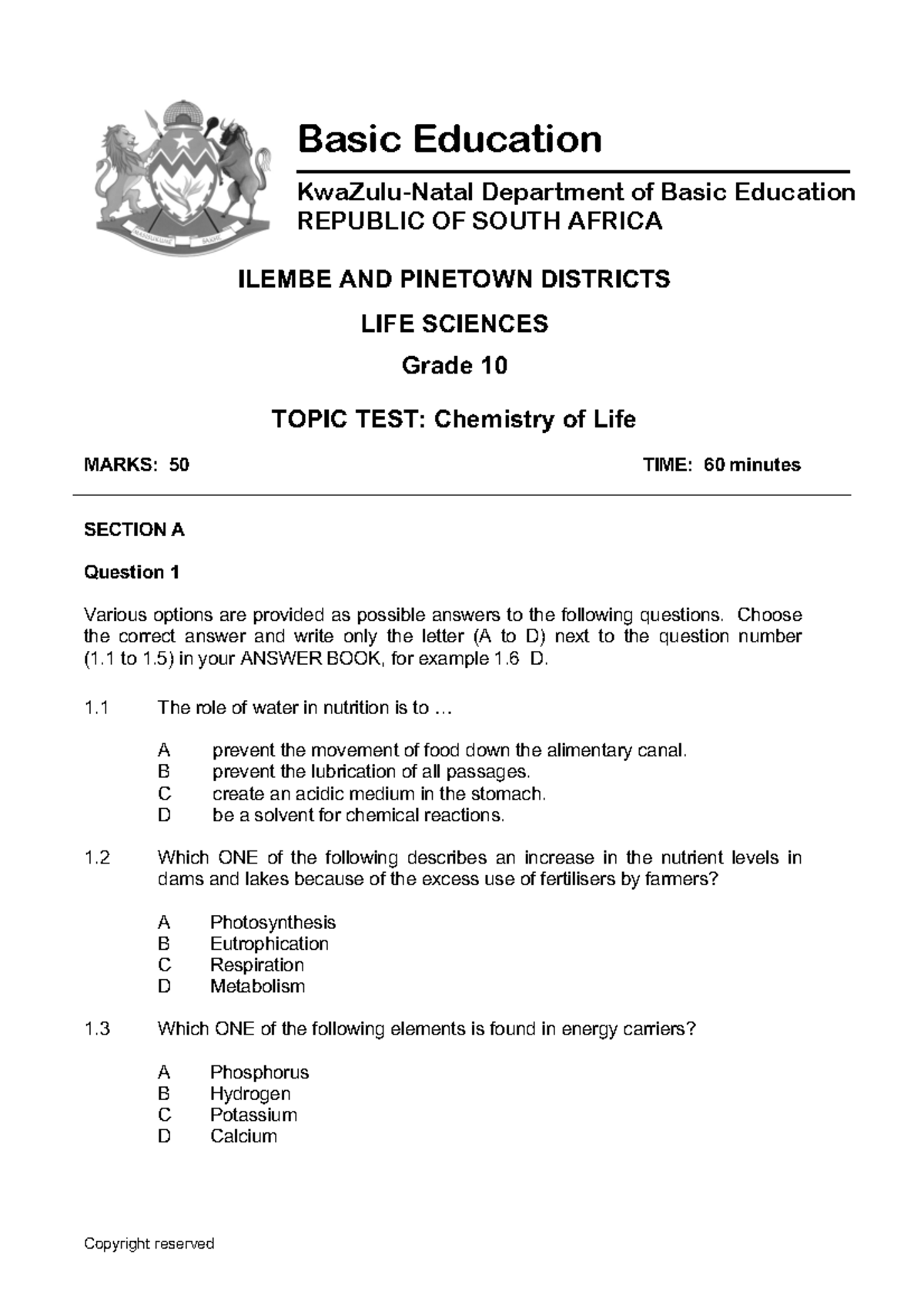 Grade 10 Topic Tests - all - Copyright reserved ILEMBE AND PINETOWN ...