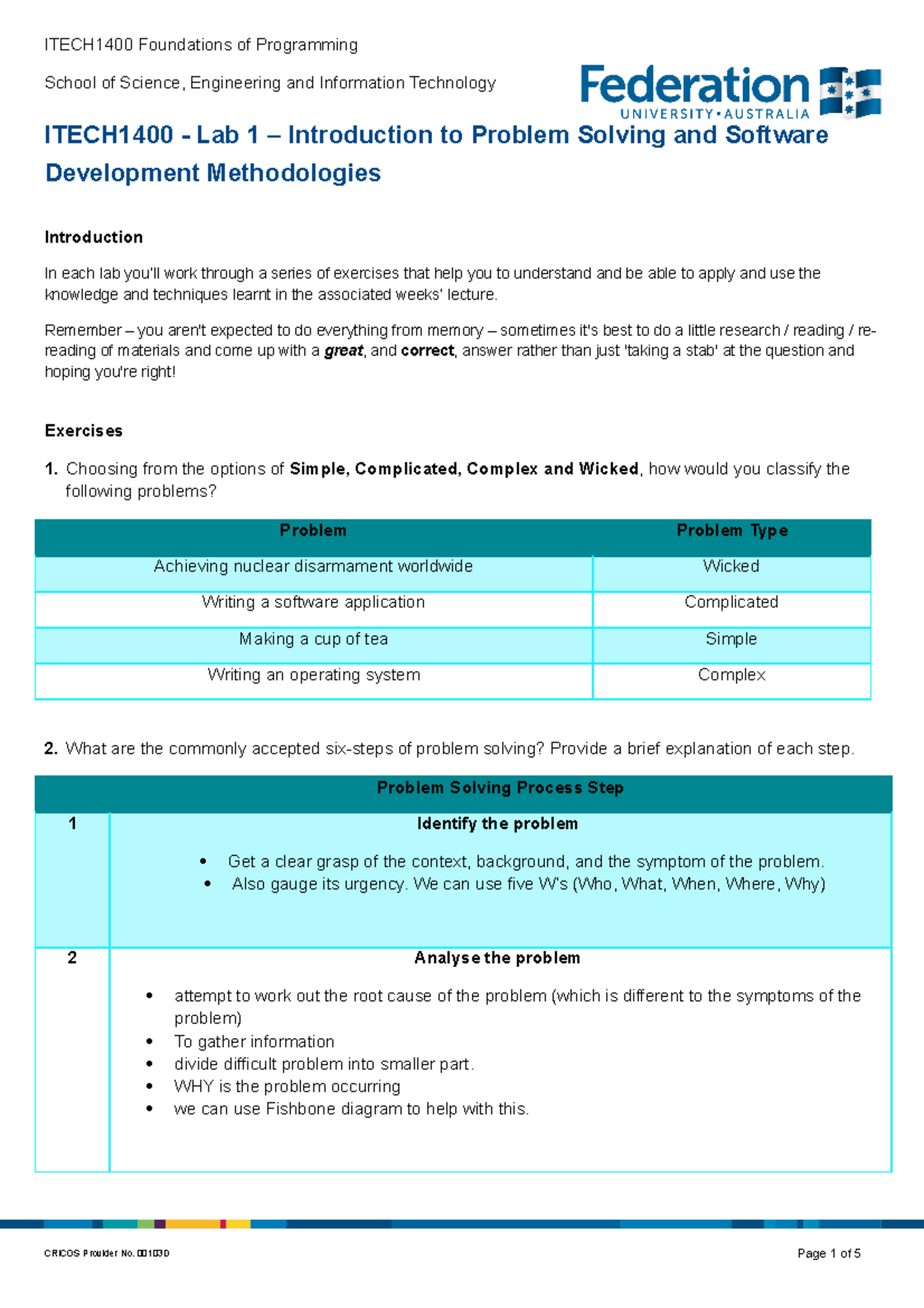 Lab 01 - Introduction to Problem Solving and Software Dev Methodologies - School of Science ...