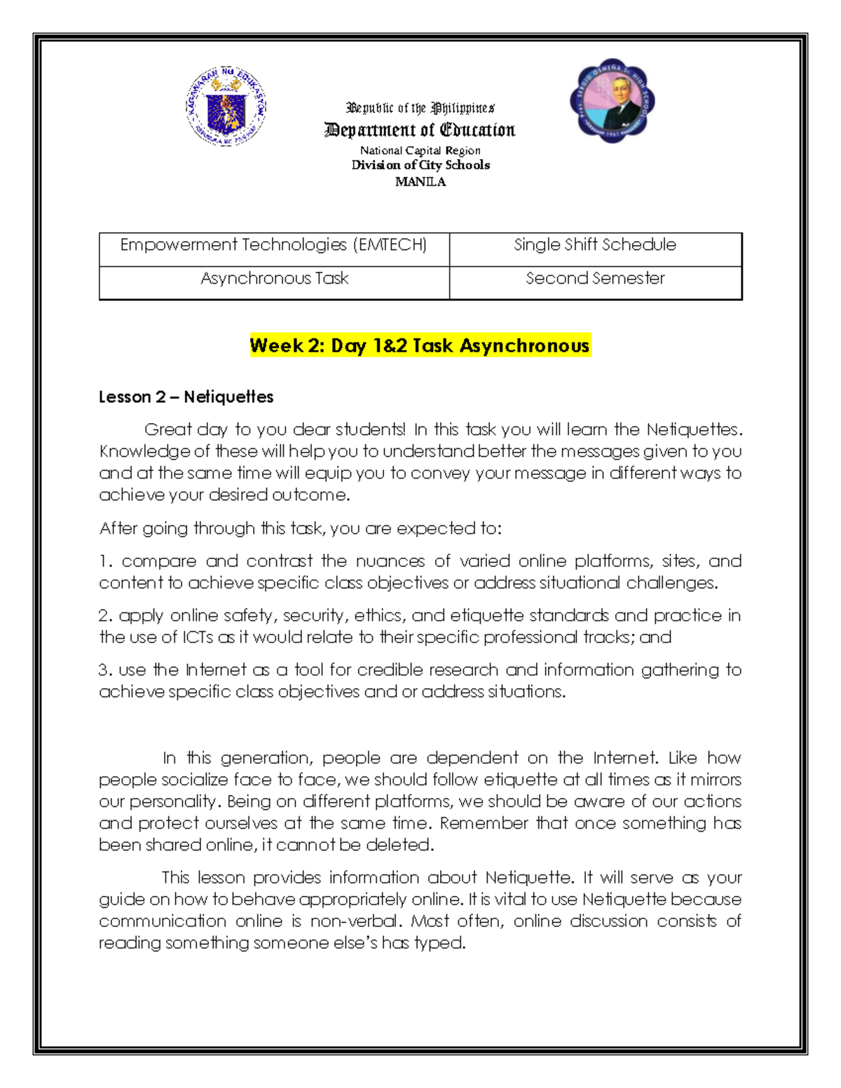 WEEK-2 Asynchronous - ada - Republic of the Philippines Department of Education National Capital ...