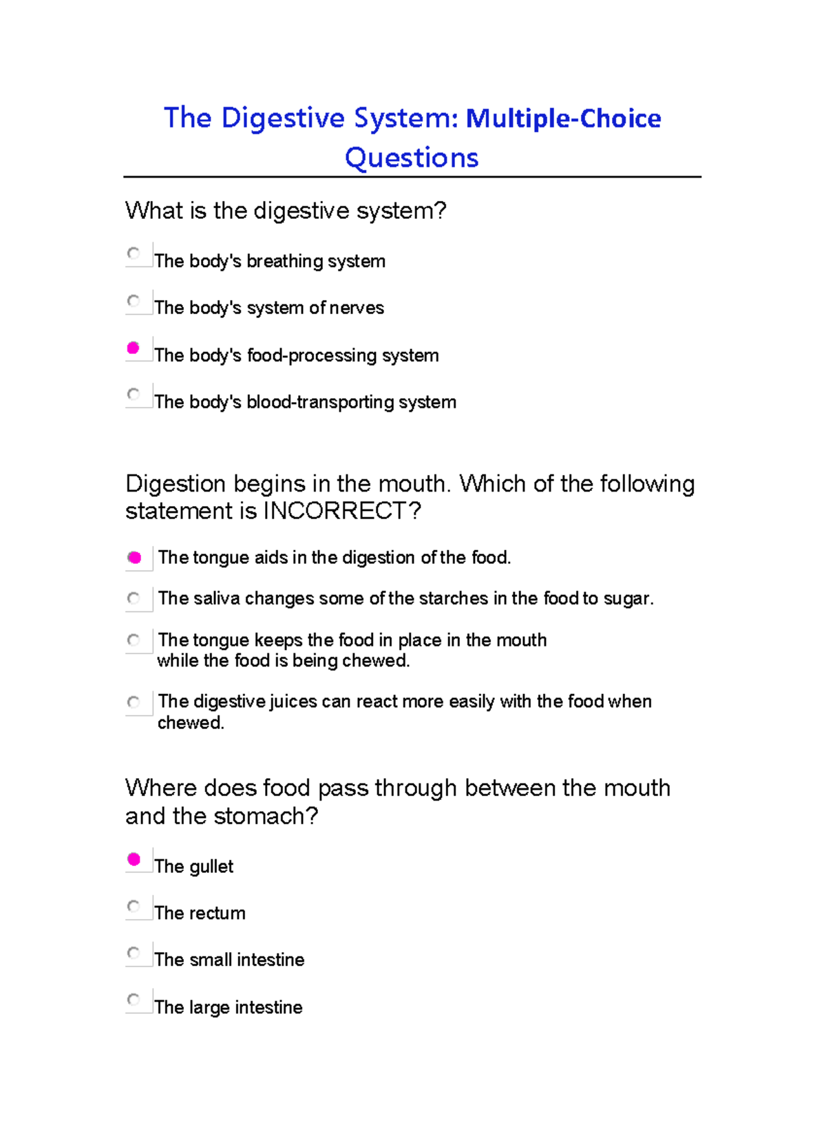 Digestive System Multiple Choice Questions at Andrew Leichhardt blog