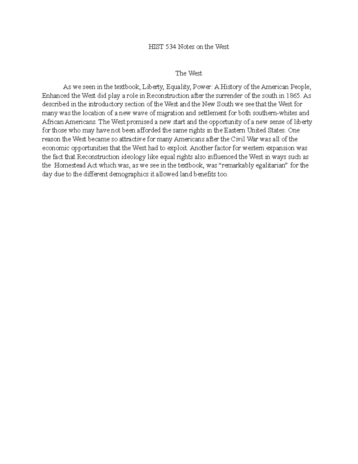 Notes on The American West and Expansion - HIST 534 Notes on the West ...