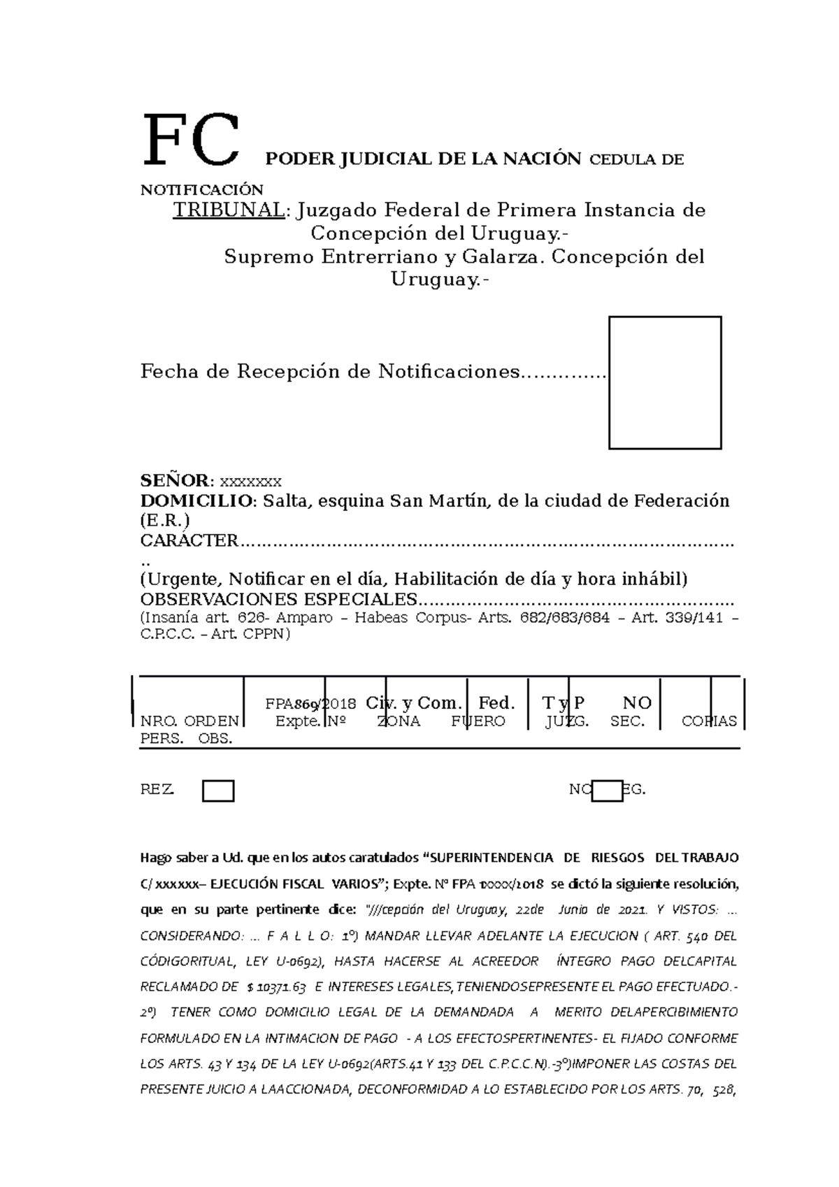 Cedula Federal - FC PODER JUDICIAL DE LA NACIÓN CEDULA DE NOTIFICACIÓN ...