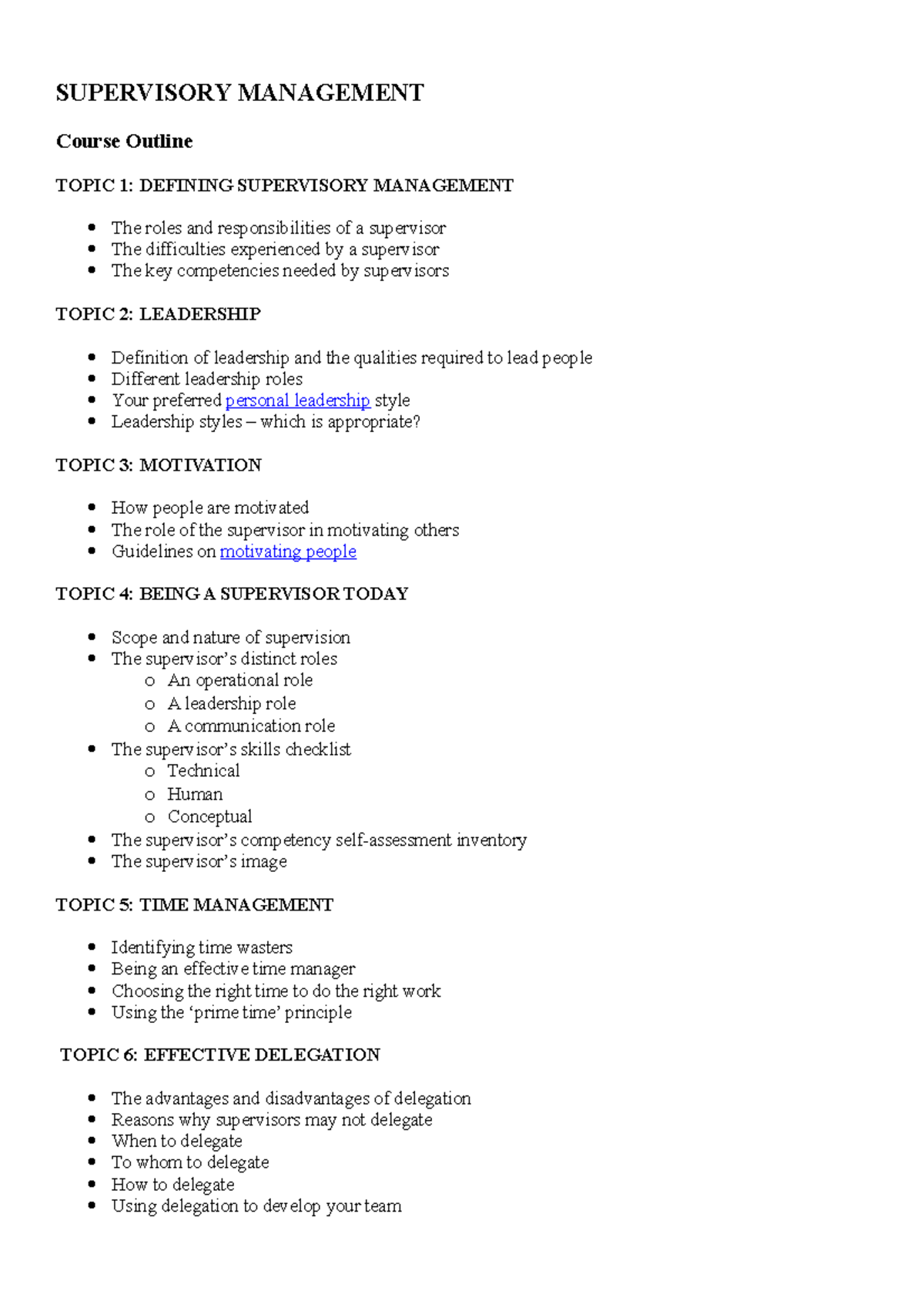 Supervisory Management - SUPERVISORY MANAGEMENT Course Outline TOPIC 1 ...