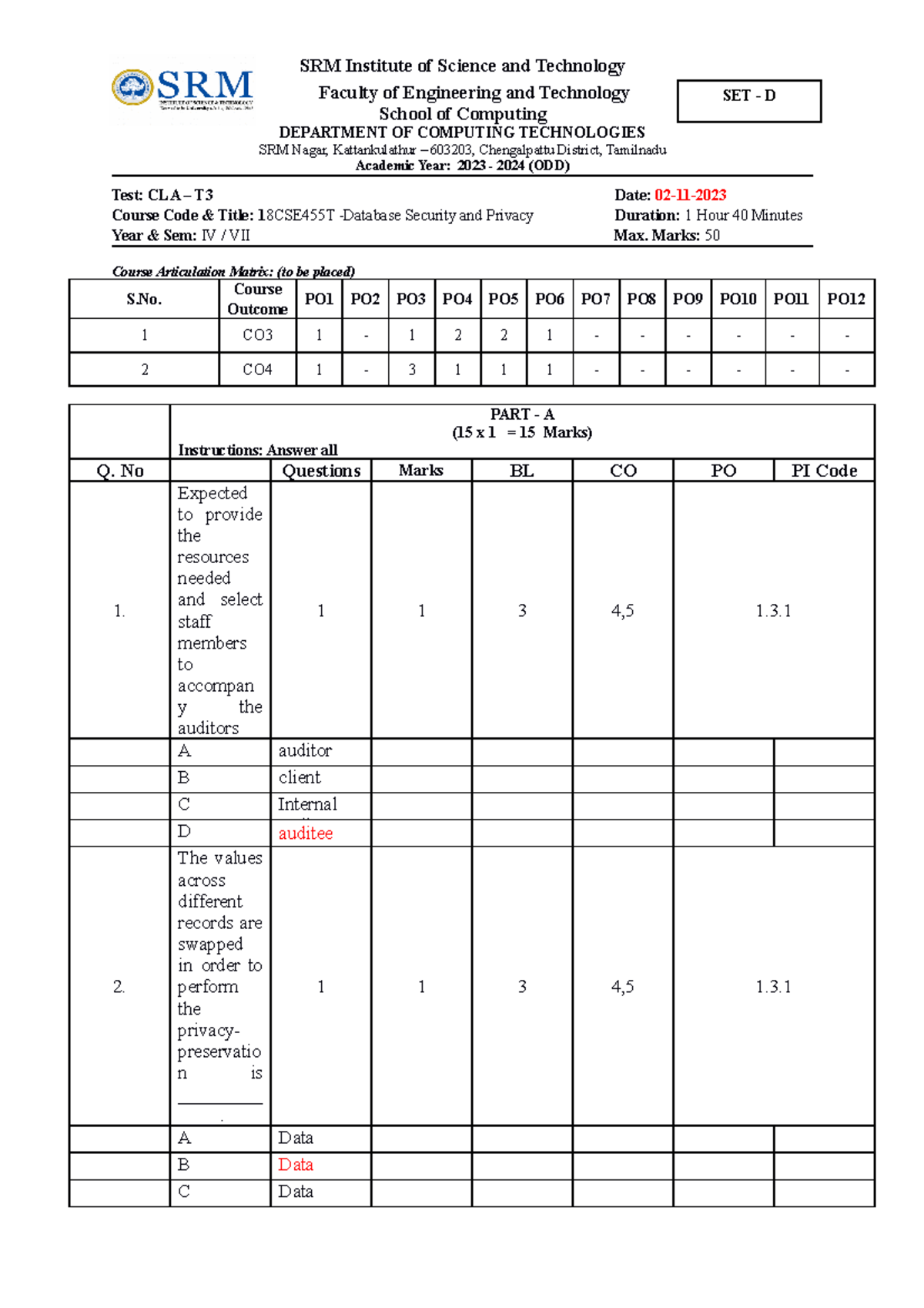 Dsp Ct 3 Set D Answer Key Srm Institute Of Science And Technology Faculty Of Engineering And