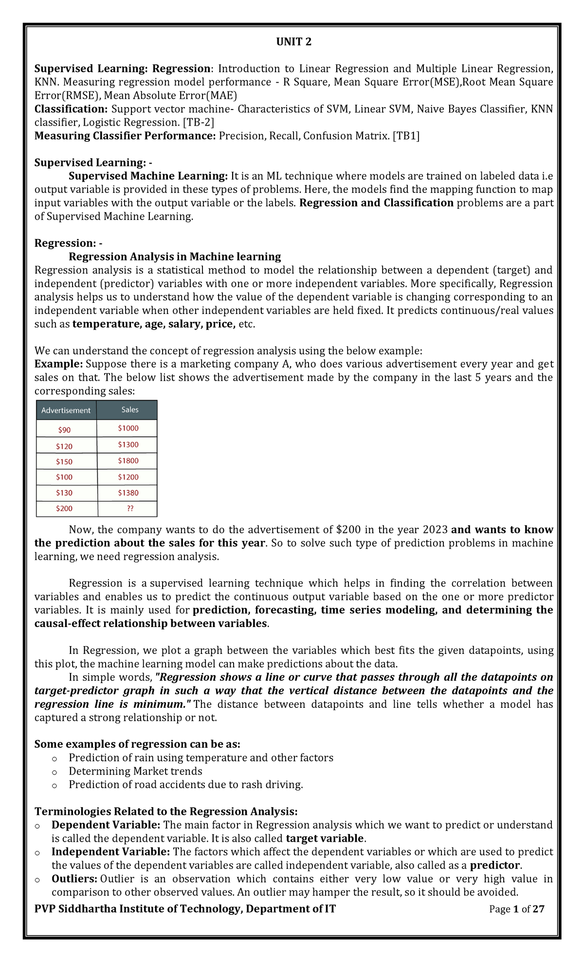 Ml Unit 2 Machine Learning Unit 2 Unit 2 Supervised Learning Regression Introduction To